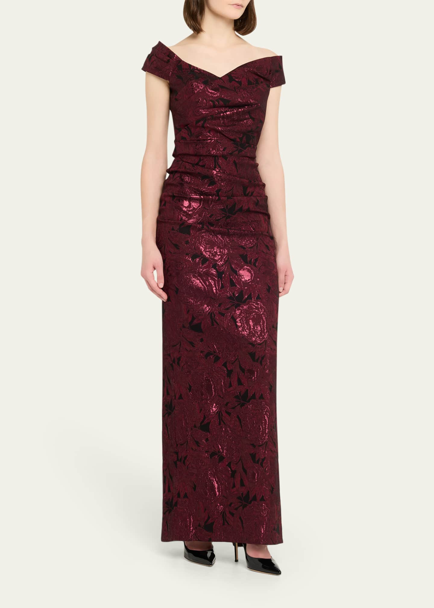 Rickie Freeman for Teri Jon Ruched Metallic Floral Jacquard Column Gown ...