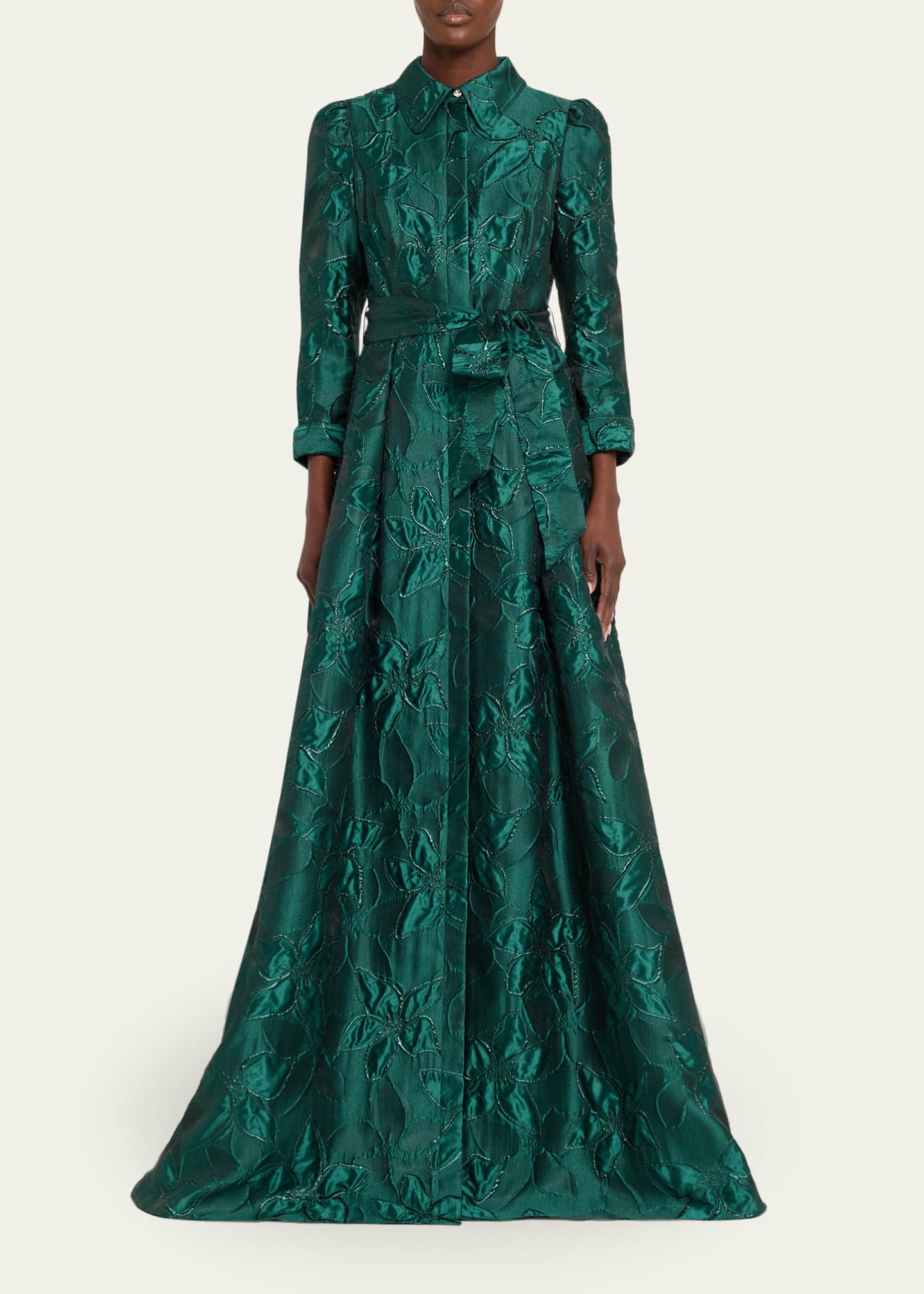 Rickie Freeman for Teri Jon Metallic Jacquard Floral Shirt Gown ...