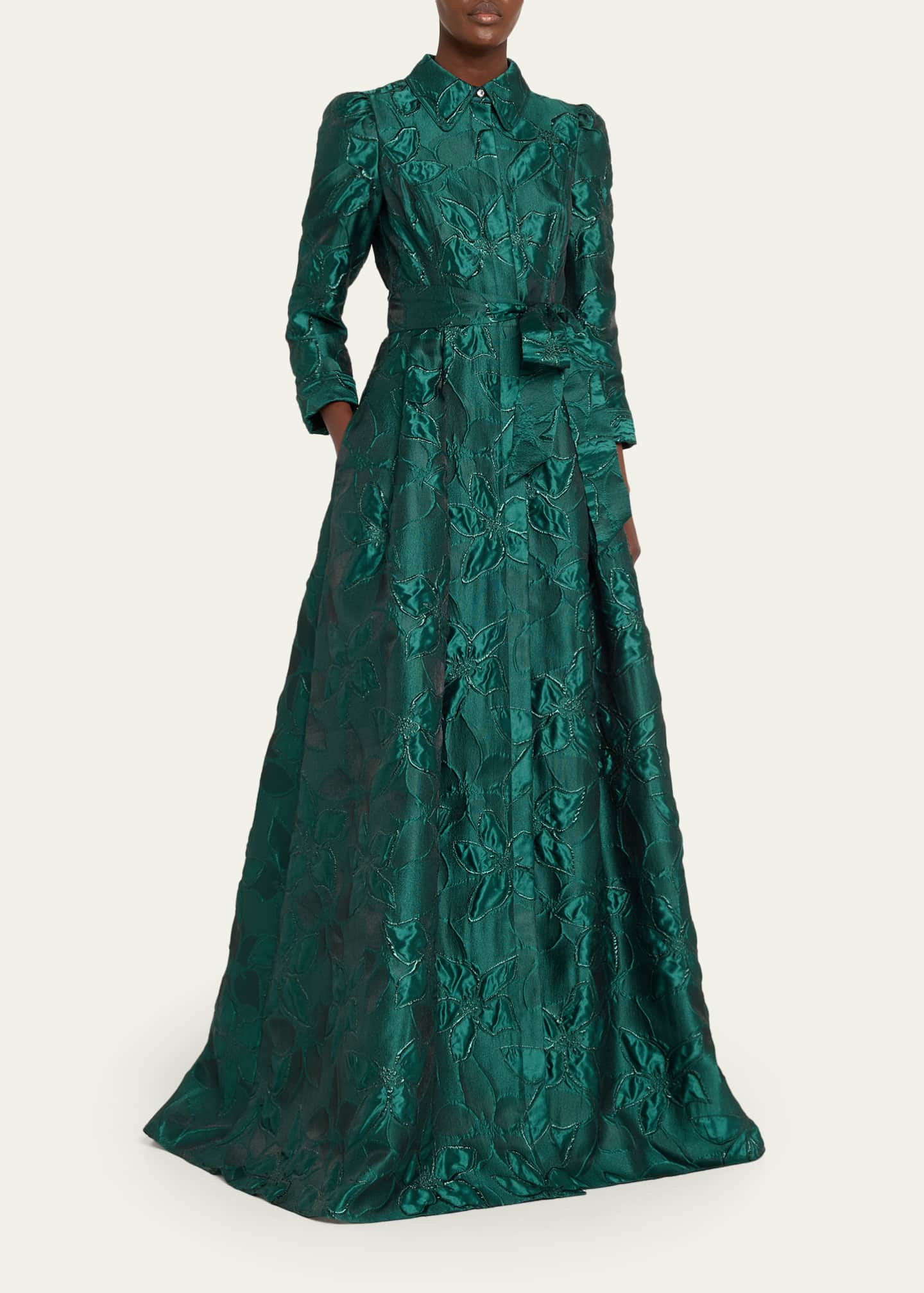 Rickie Freeman for Teri Jon Metallic Jacquard Floral Shirt Gown ...