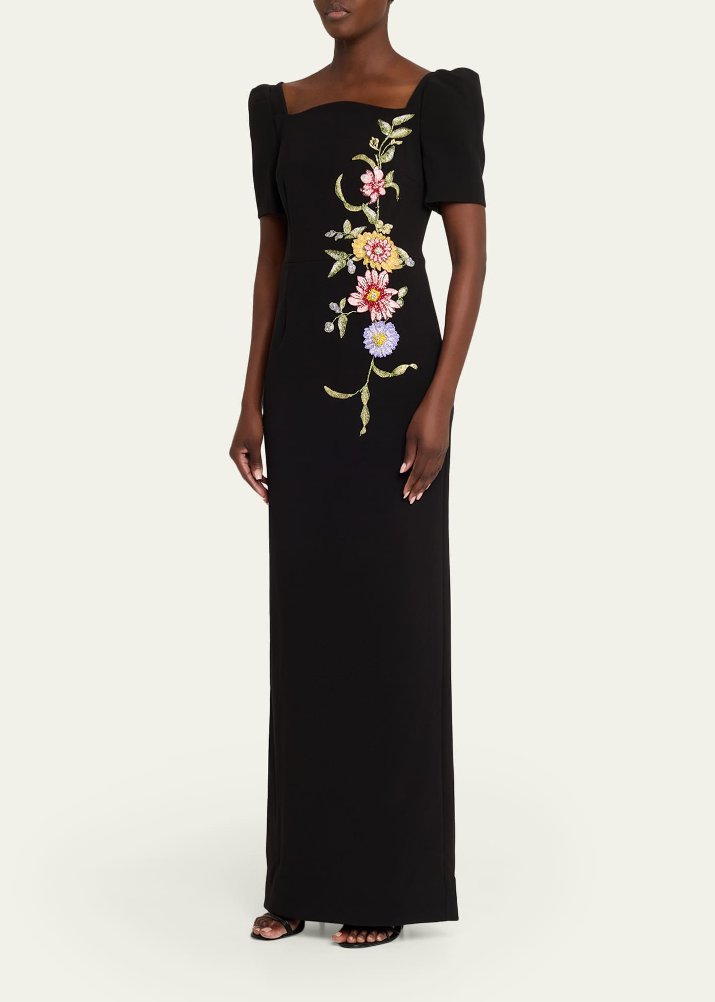 Rickie Freeman for Teri Jon Scalloped Crepe Short-Sleeve Embroidered ...