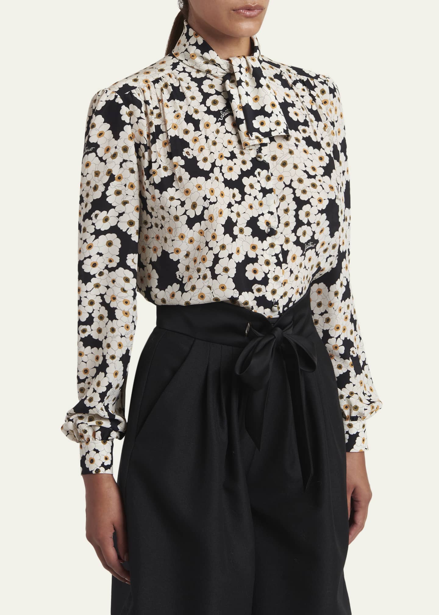 Valentino Garavani Daisy-Print Silk Neck-Scarf Blouse - Bergdorf Goodman