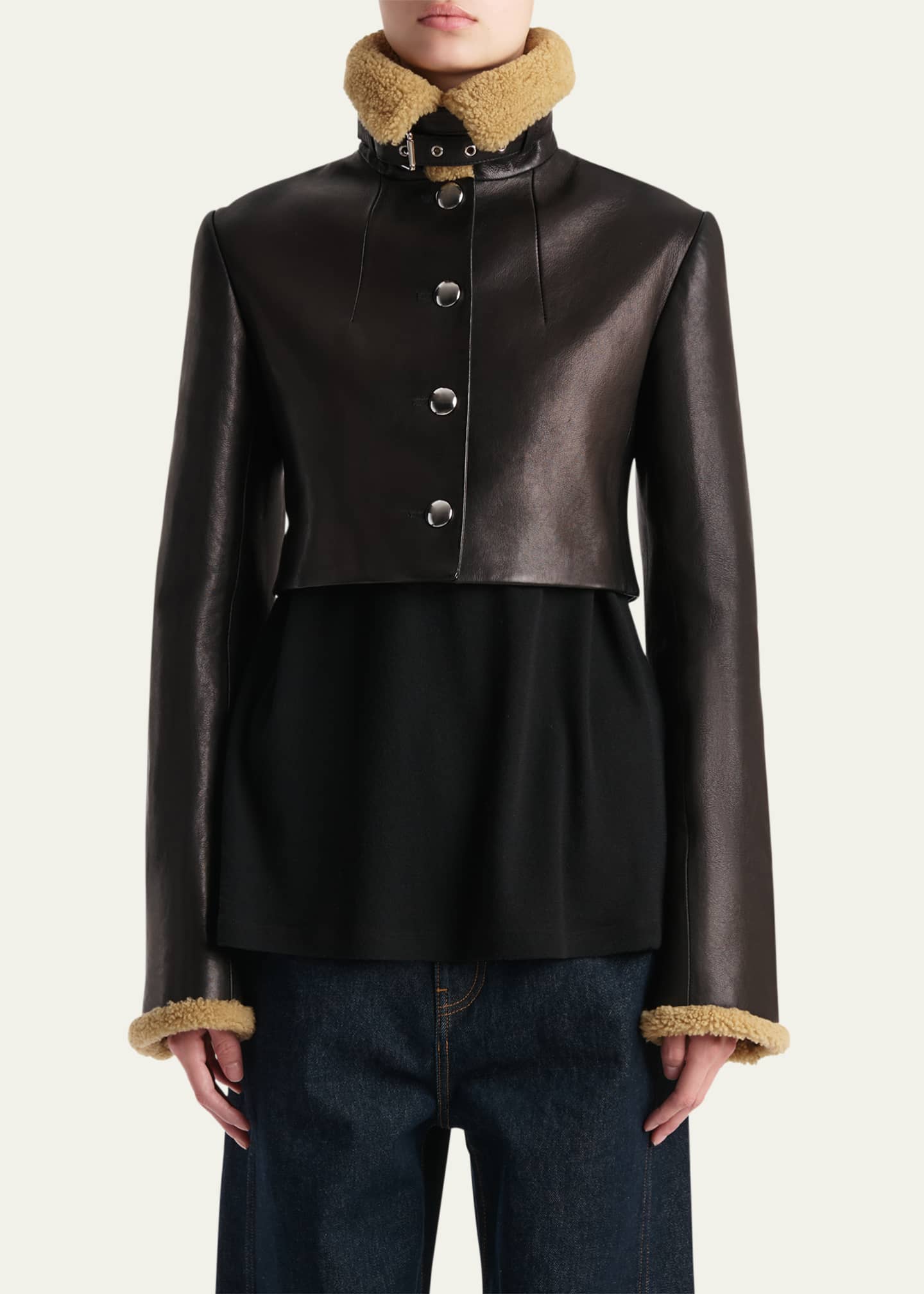 Khaite Jodie Shearling-Trim Cropped Leather Jacket - Bergdorf Goodman