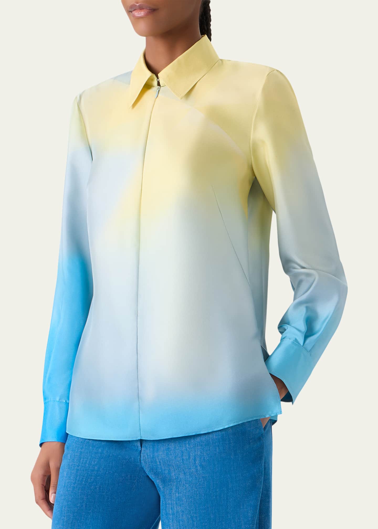 Akris Sunbeam-Print Silk Twill Zip Collared Blouse - Bergdorf Goodman
