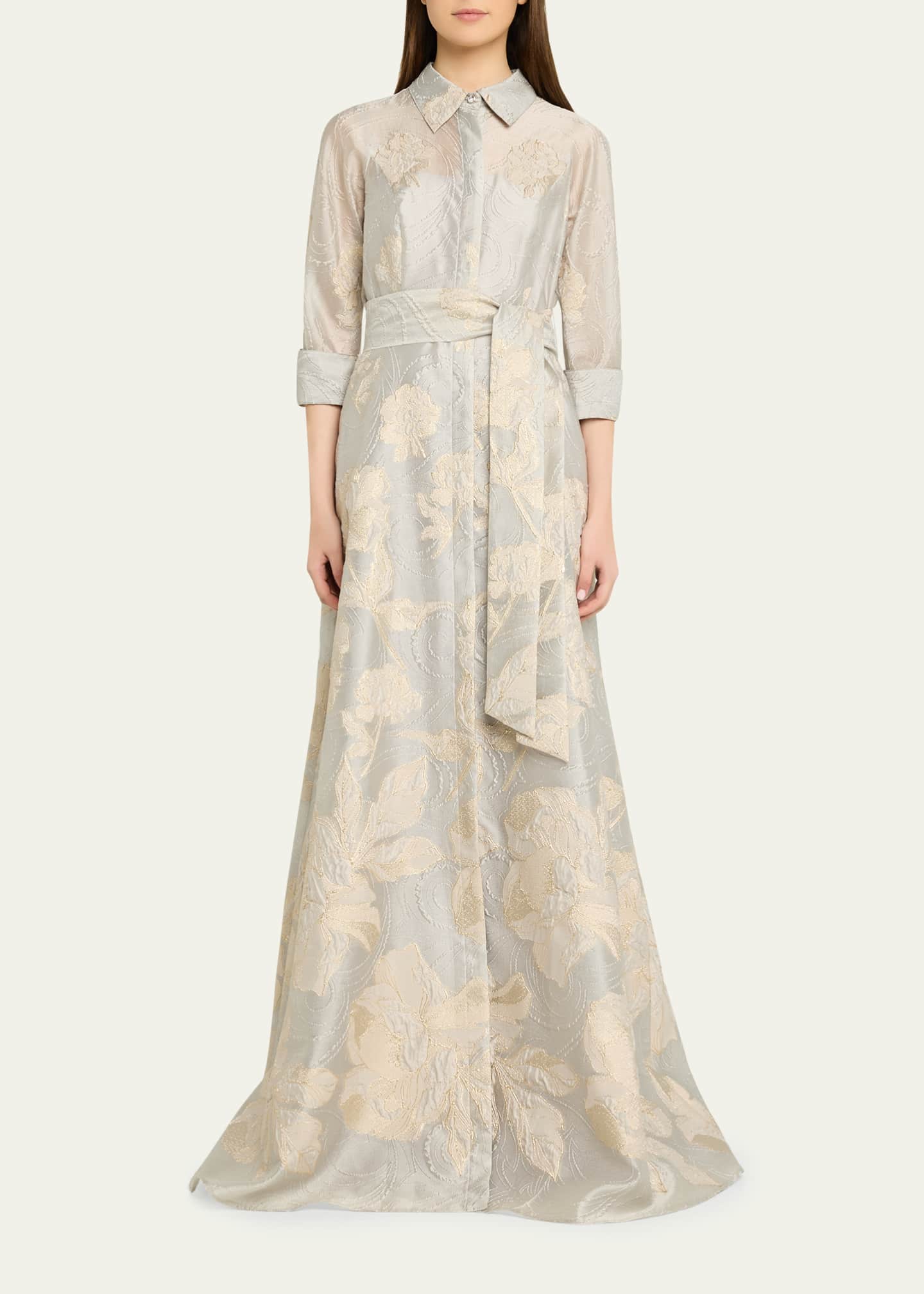 Rickie Freeman for Teri Jon Metallic Floral Jacquard Shirt Gown ...