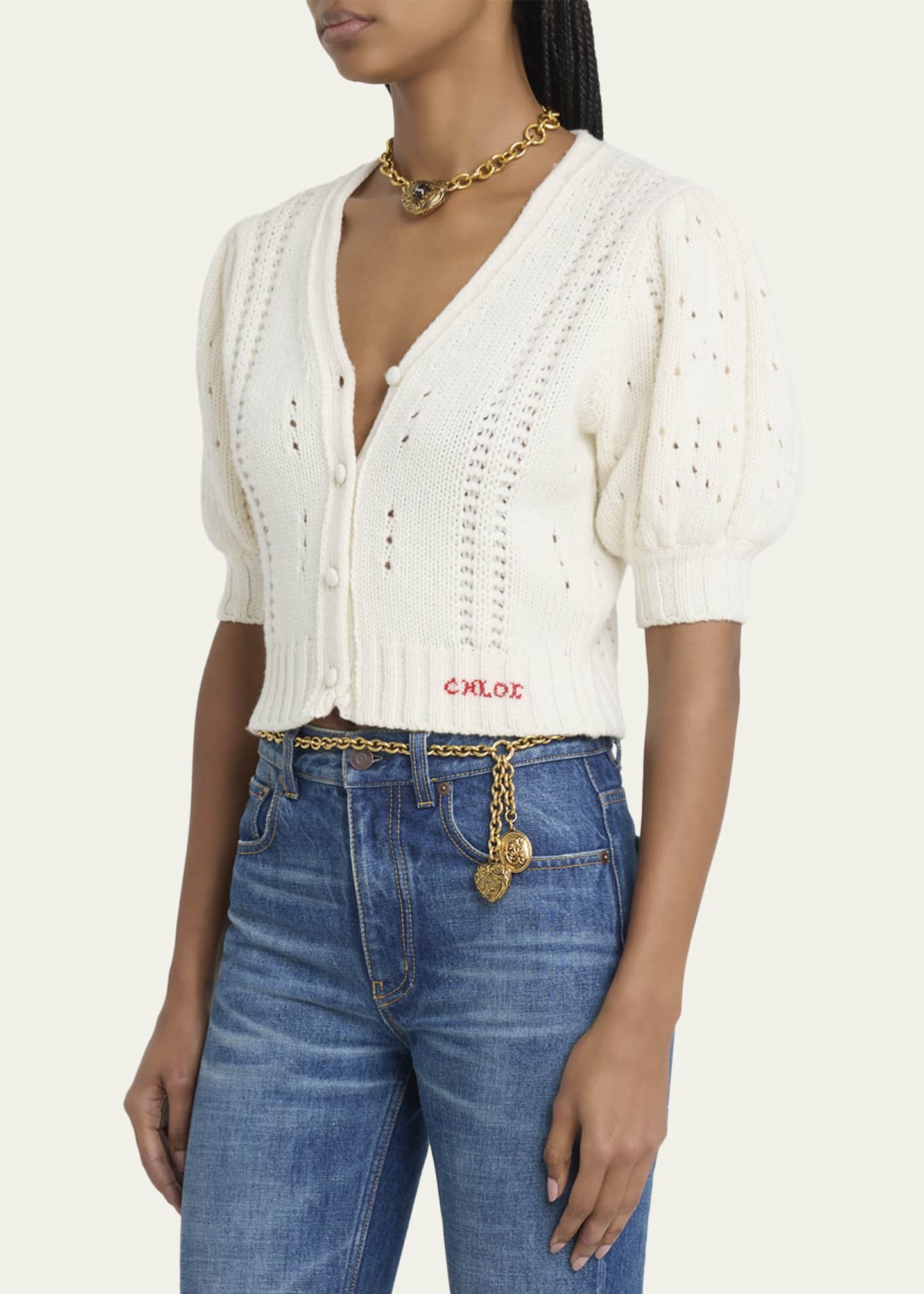 Chloe Wool & Cashmere Cropped Puff-Sleeve Cardigan - Bergdorf Goodman