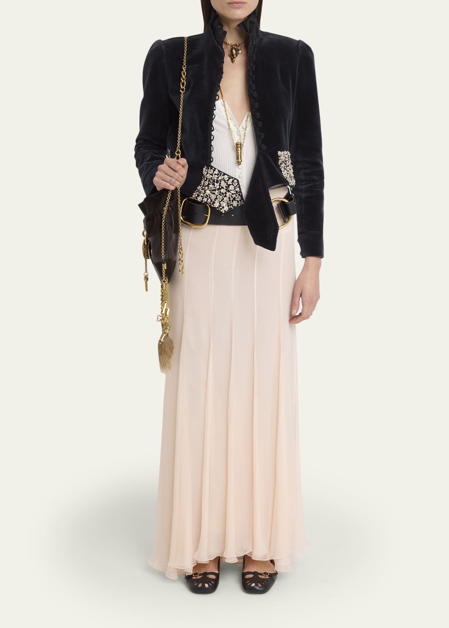 Chloe Spencer Embroidered-Belt Velvet Crop Jacket - Bergdorf Goodman