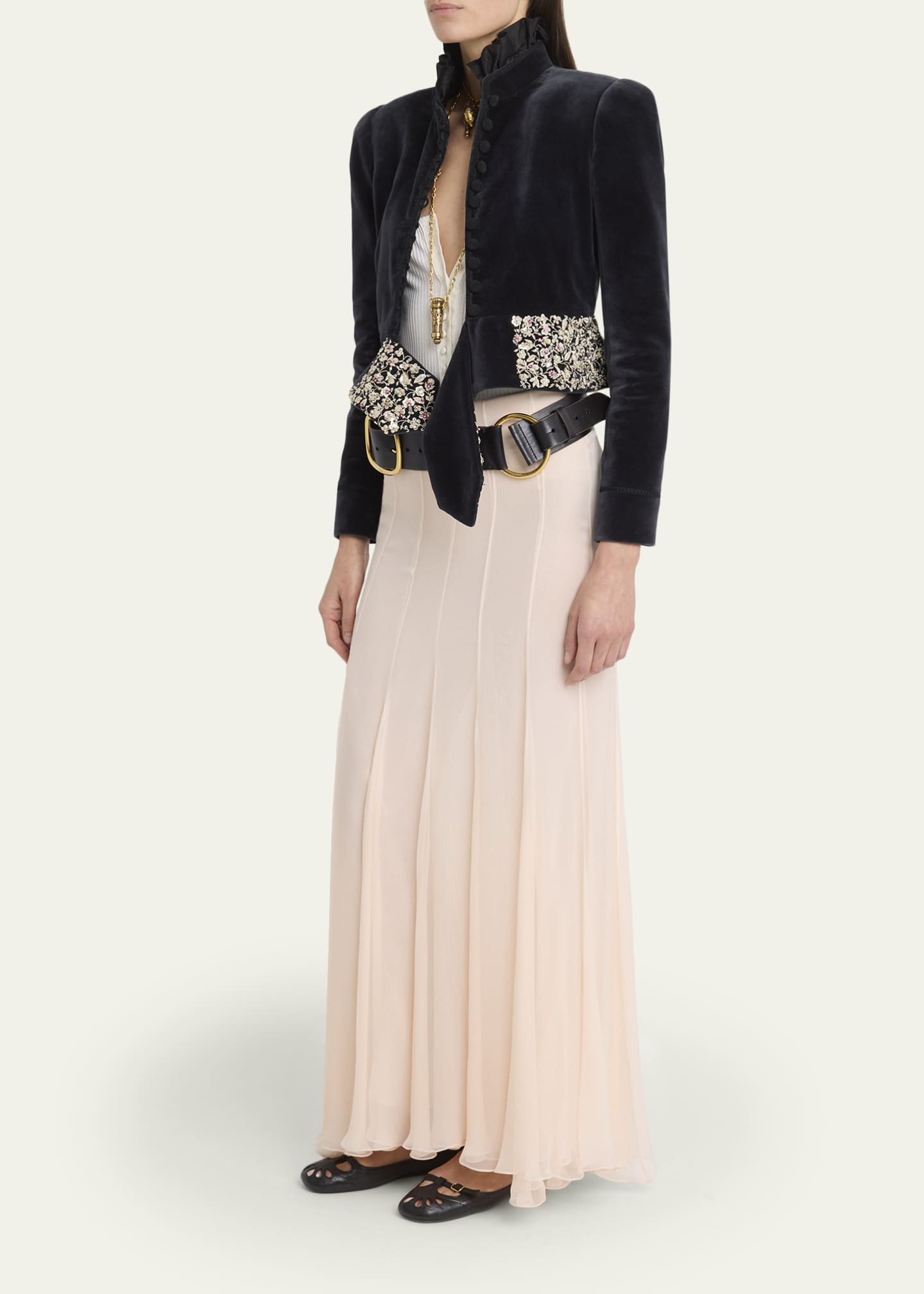 Chloe Spencer Embroidered-Belt Velvet Crop Jacket - Bergdorf Goodman