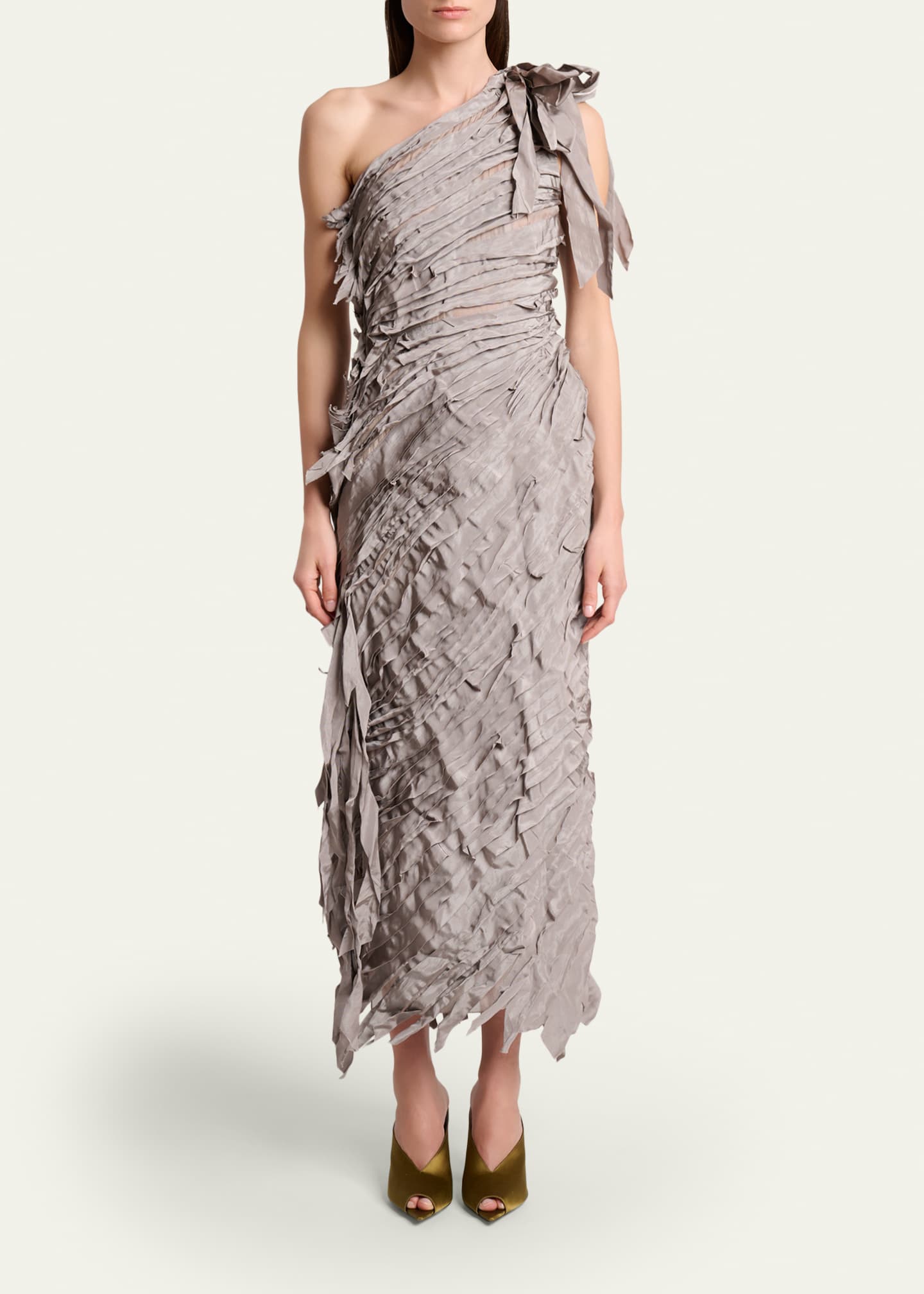 Lanvin One-Shoulder Tiered Ribbon Midi Dress - Bergdorf Goodman