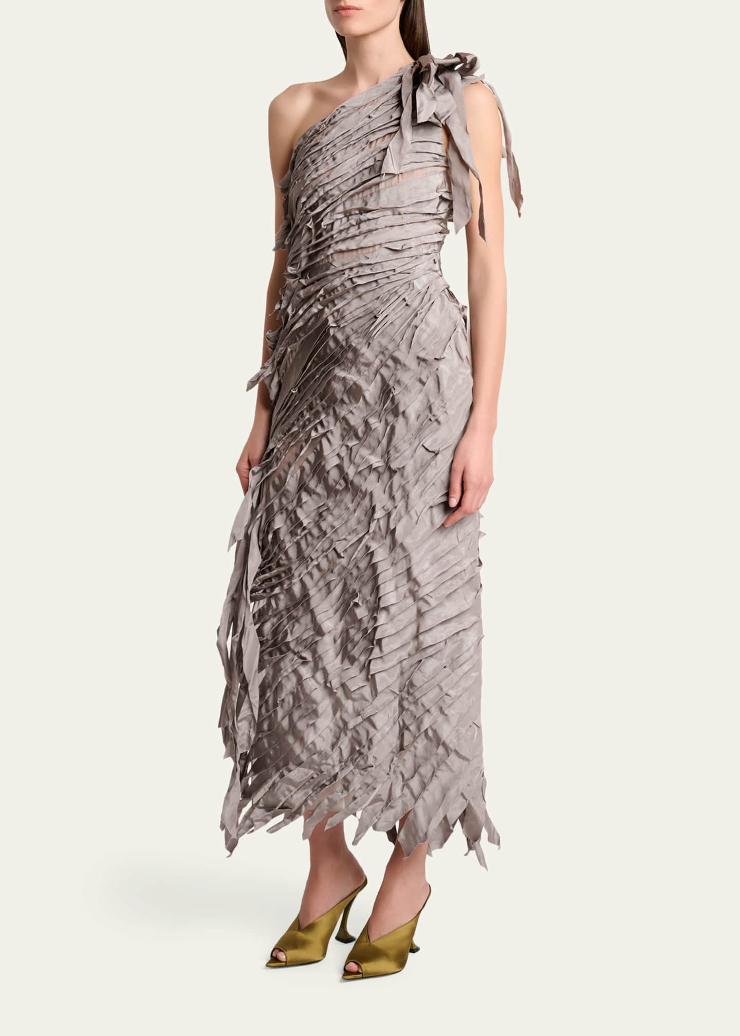 Lanvin One-Shoulder Tiered Ribbon Midi Dress - Bergdorf Goodman