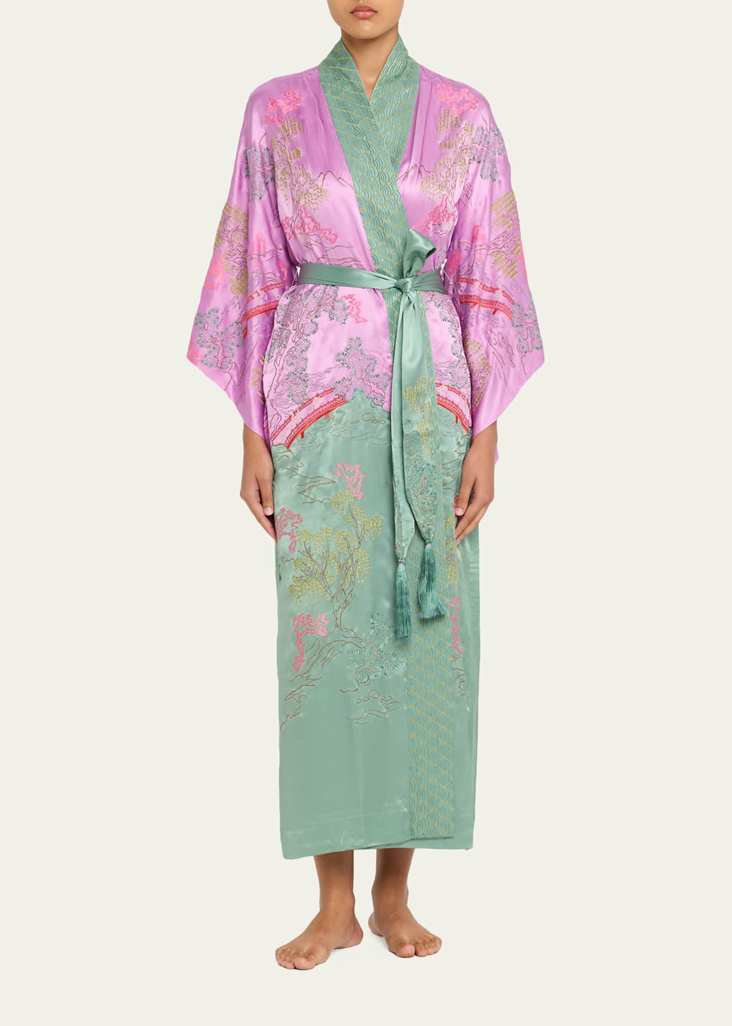 Natori Nara Embroidered Colorblock Silk Robe - Bergdorf Goodman