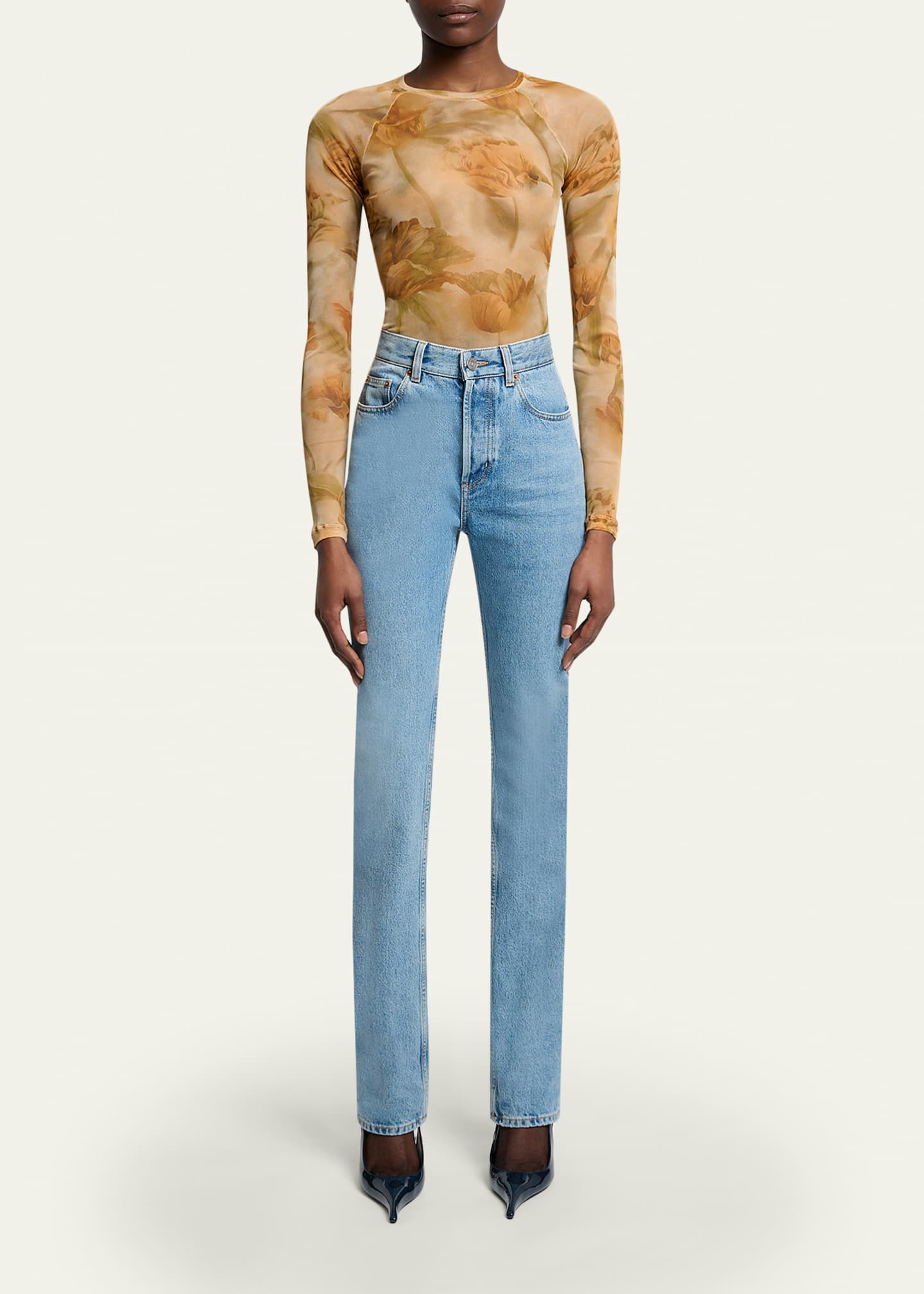 Saint Laurent Floral-Print Mesh Long-Sleeve Top - Bergdorf Goodman