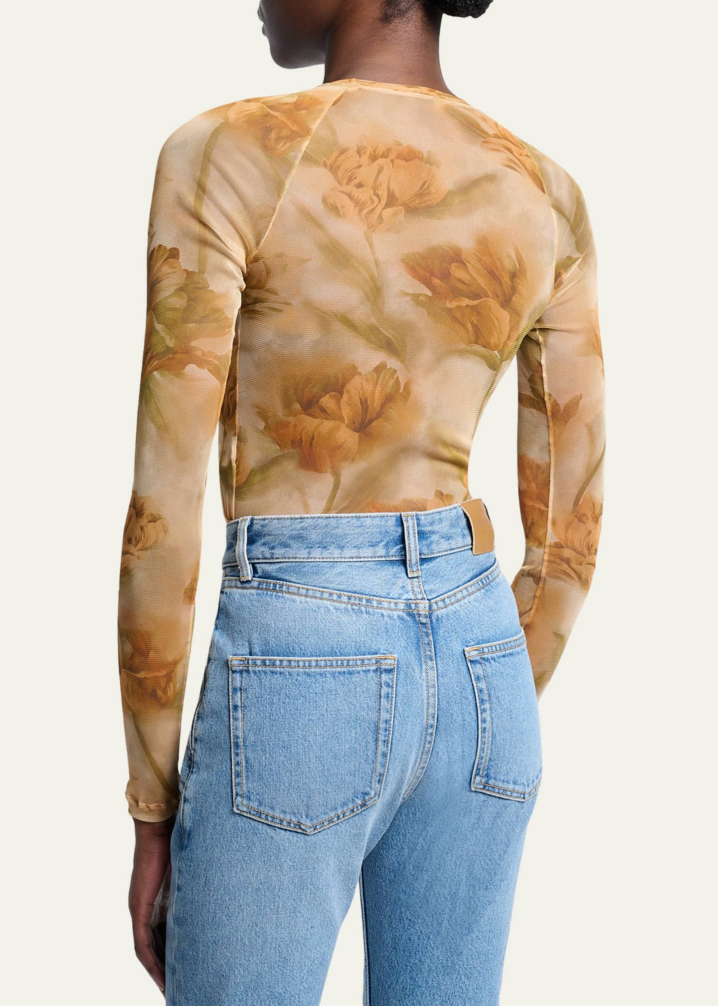 Saint Laurent Floral-Print Mesh Long-Sleeve Top - Bergdorf Goodman