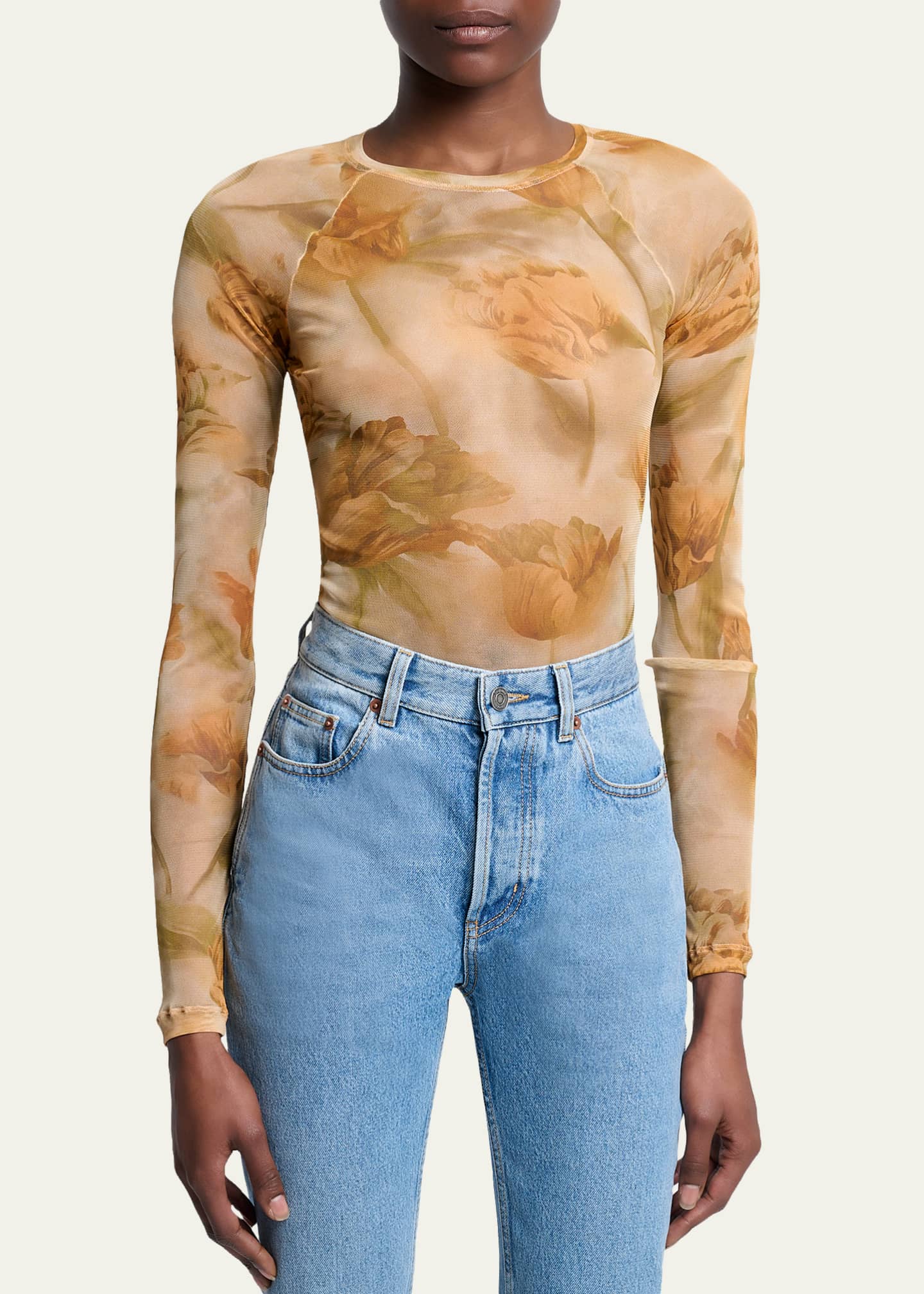 Saint Laurent Floral-Print Mesh Long-Sleeve Top - Bergdorf Goodman