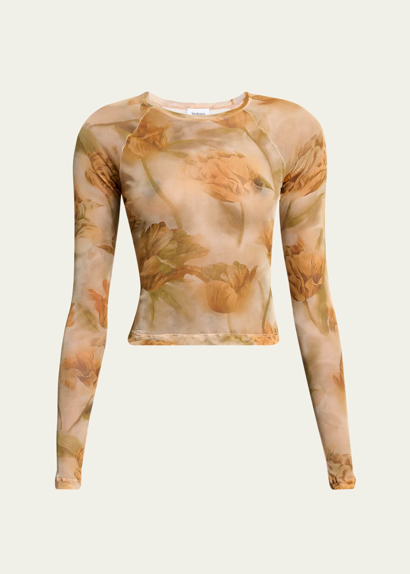 Saint Laurent Floral-Print Mesh Long-Sleeve Top - Bergdorf Goodman