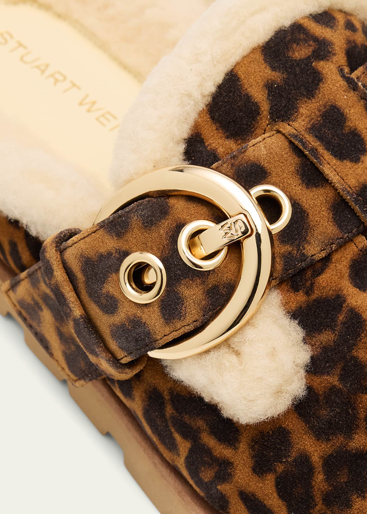 Stuart Weitzman Chrystie Shearling-Lined Leopard Suede Mules - Bergdorf ...