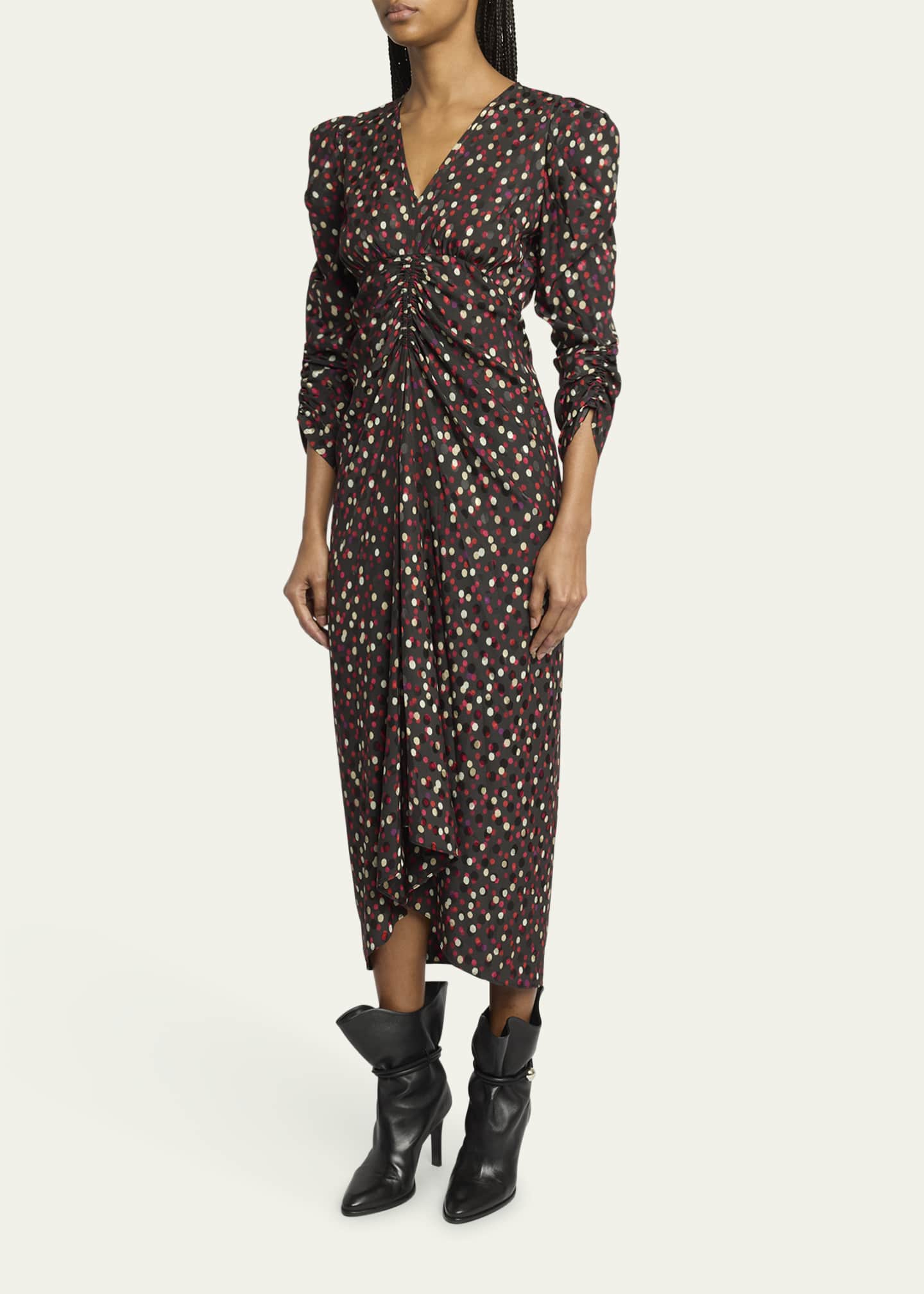 Isabel Marant Albini Polka-Dot Ruched-Sleeve Midi Dress - Bergdorf Goodman