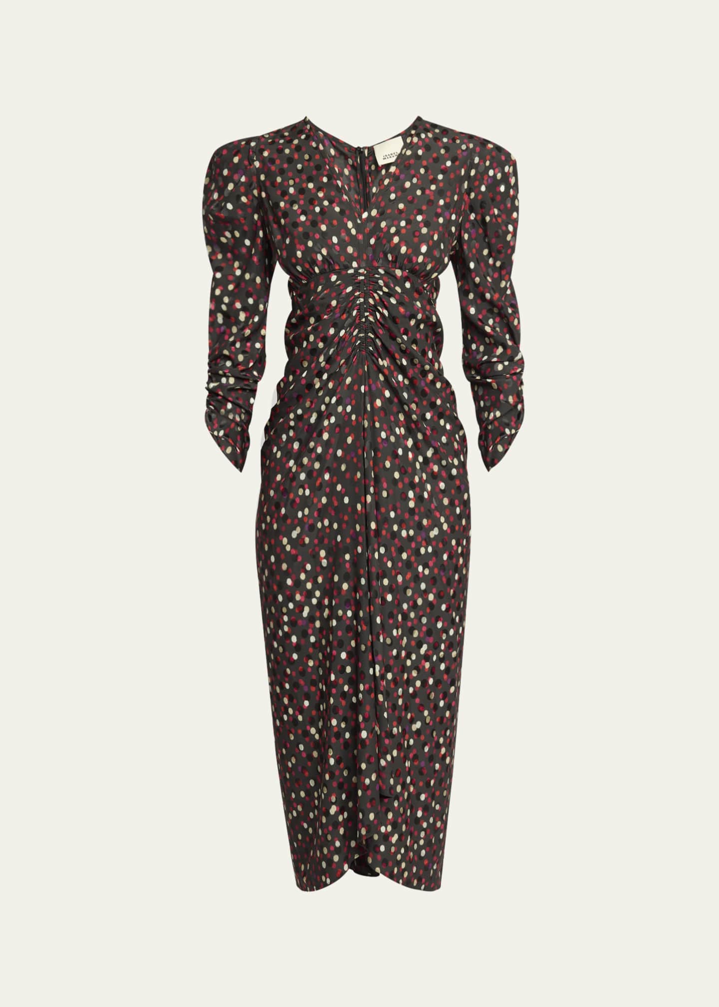 Isabel Marant Albini Polka-Dot Ruched-Sleeve Midi Dress - Bergdorf Goodman