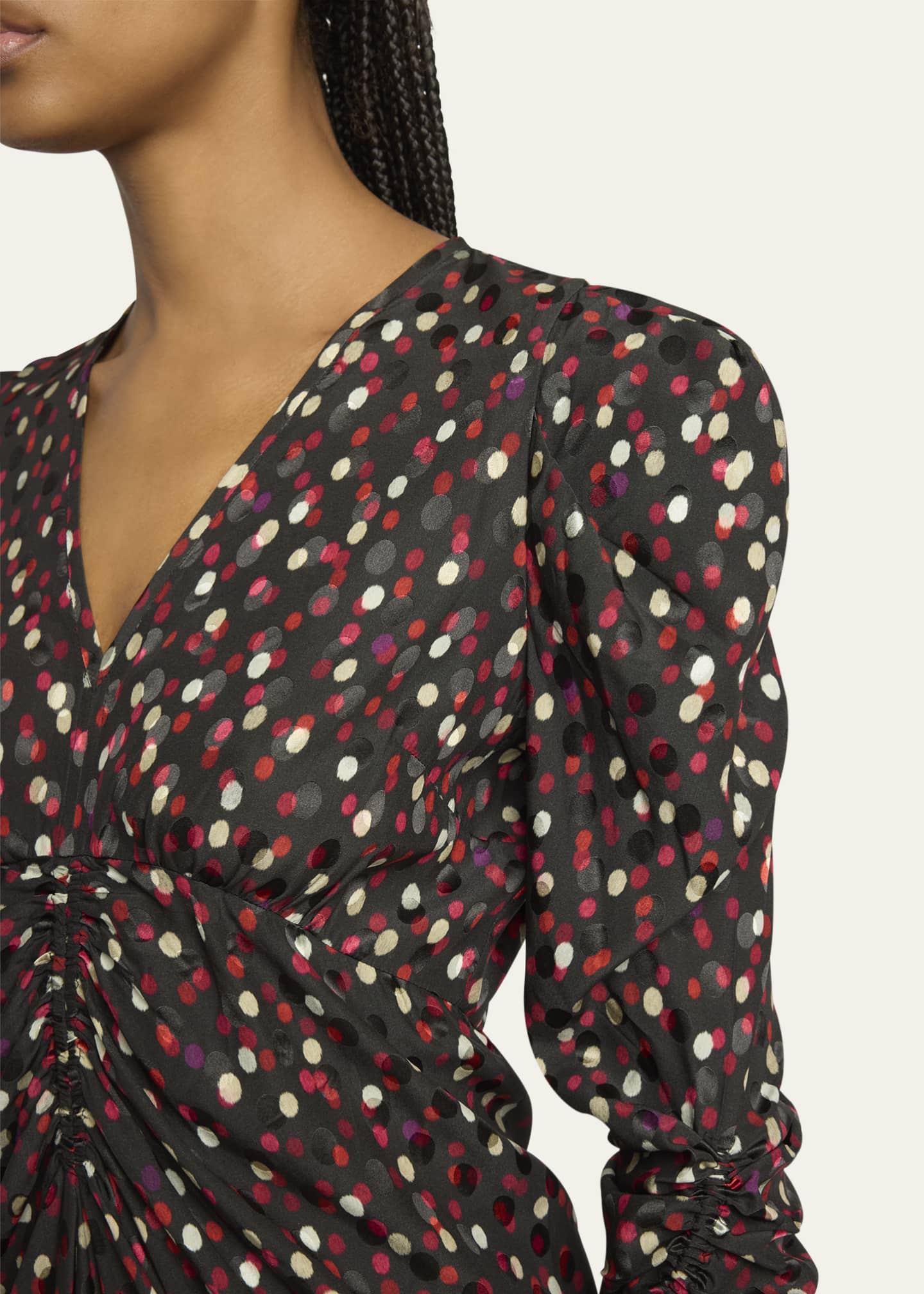 Isabel Marant Albini Polka-Dot Ruched-Sleeve Midi Dress - Bergdorf Goodman