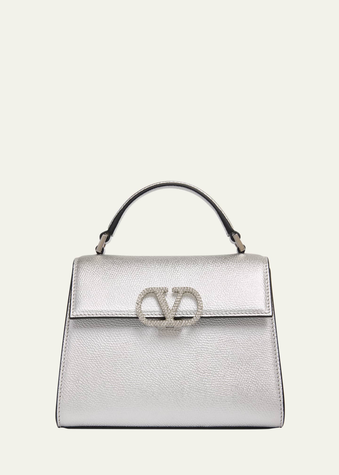 Valentino Garavani Mini Crystal VLogo Metallic Leather Top-Handle Bag ...