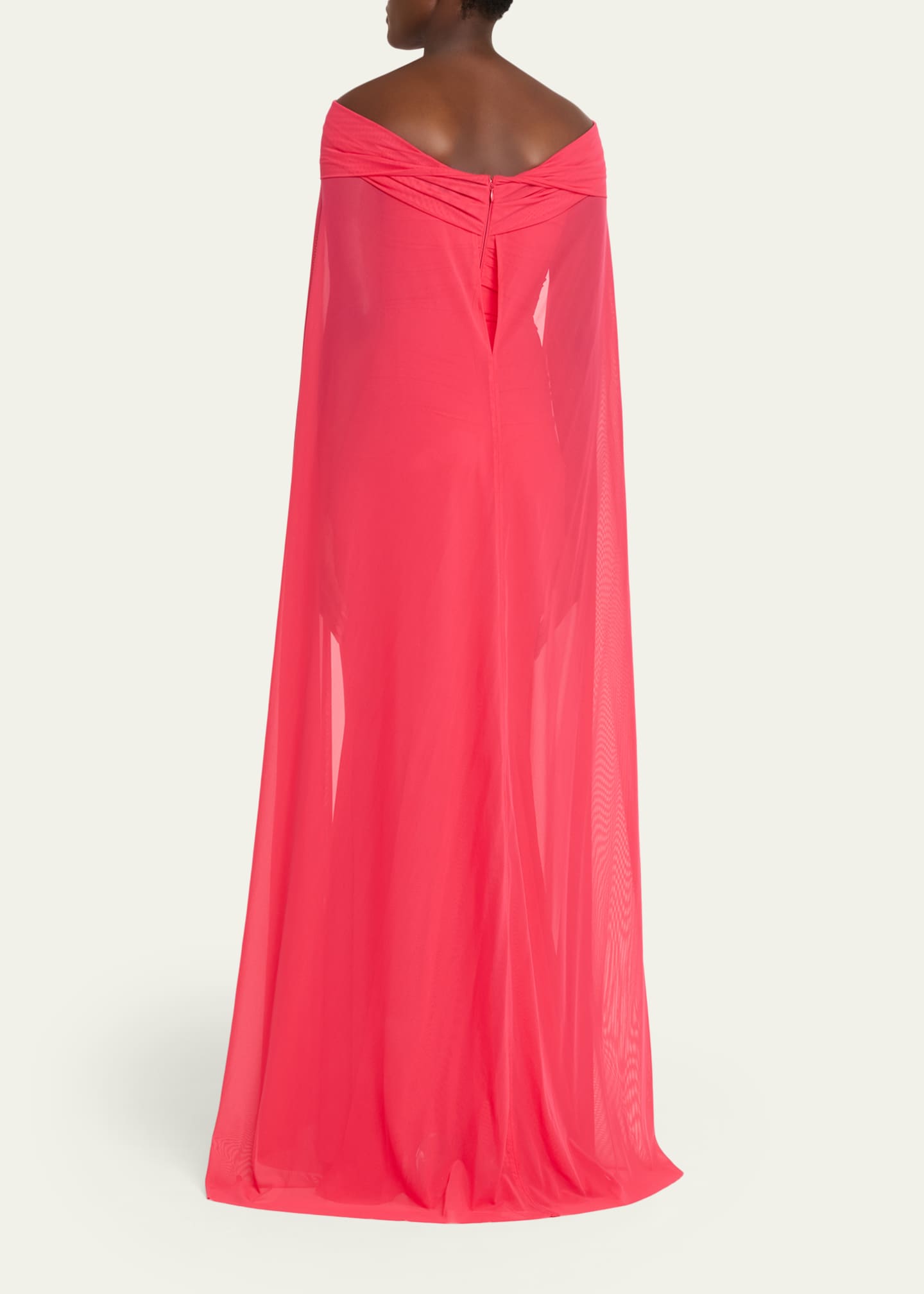 Talbot Runhof Ruched Off-The-Shoulder Mesh Cape Gown - Bergdorf Goodman