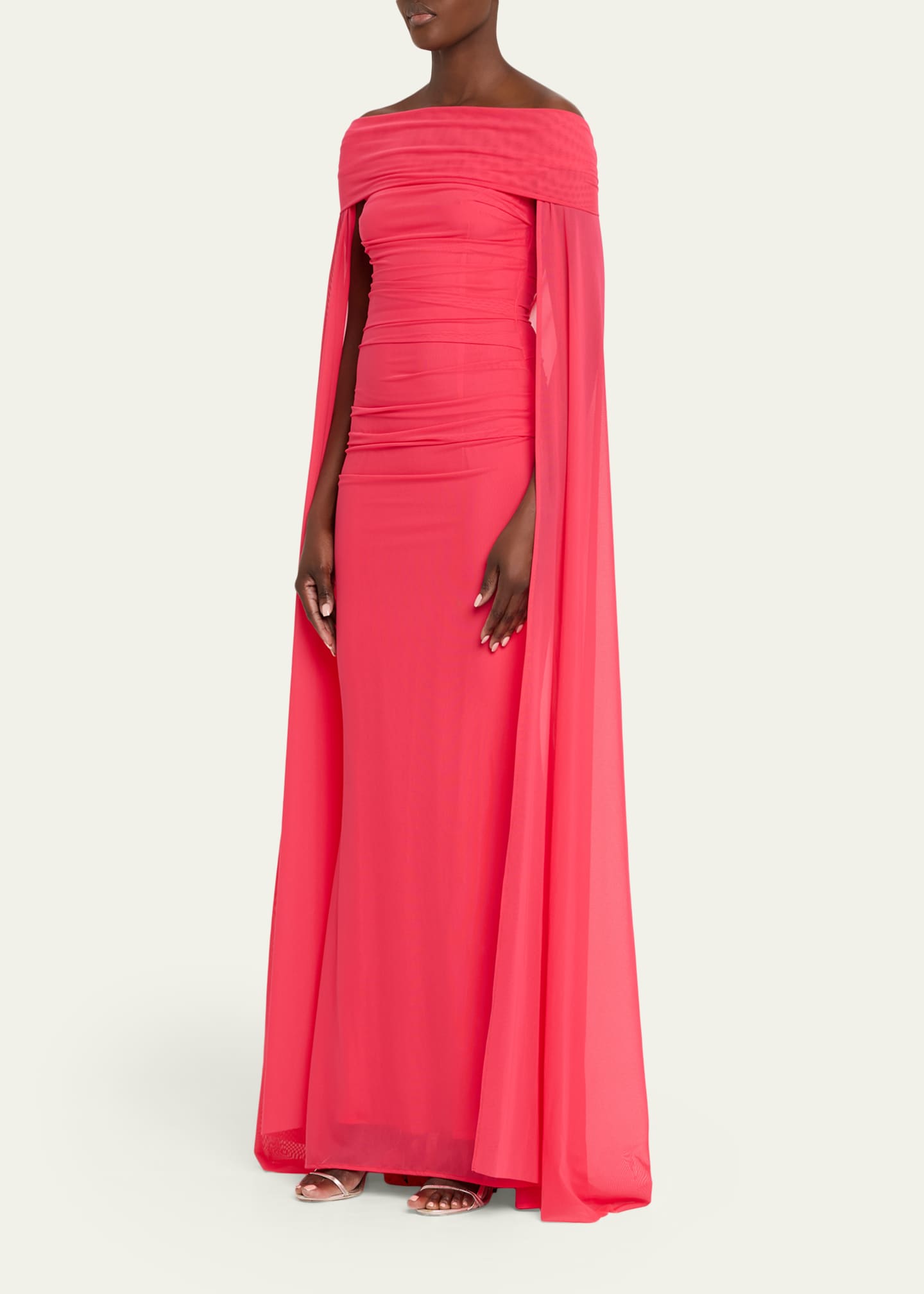 Talbot Runhof Ruched Off-The-Shoulder Mesh Cape Gown - Bergdorf Goodman