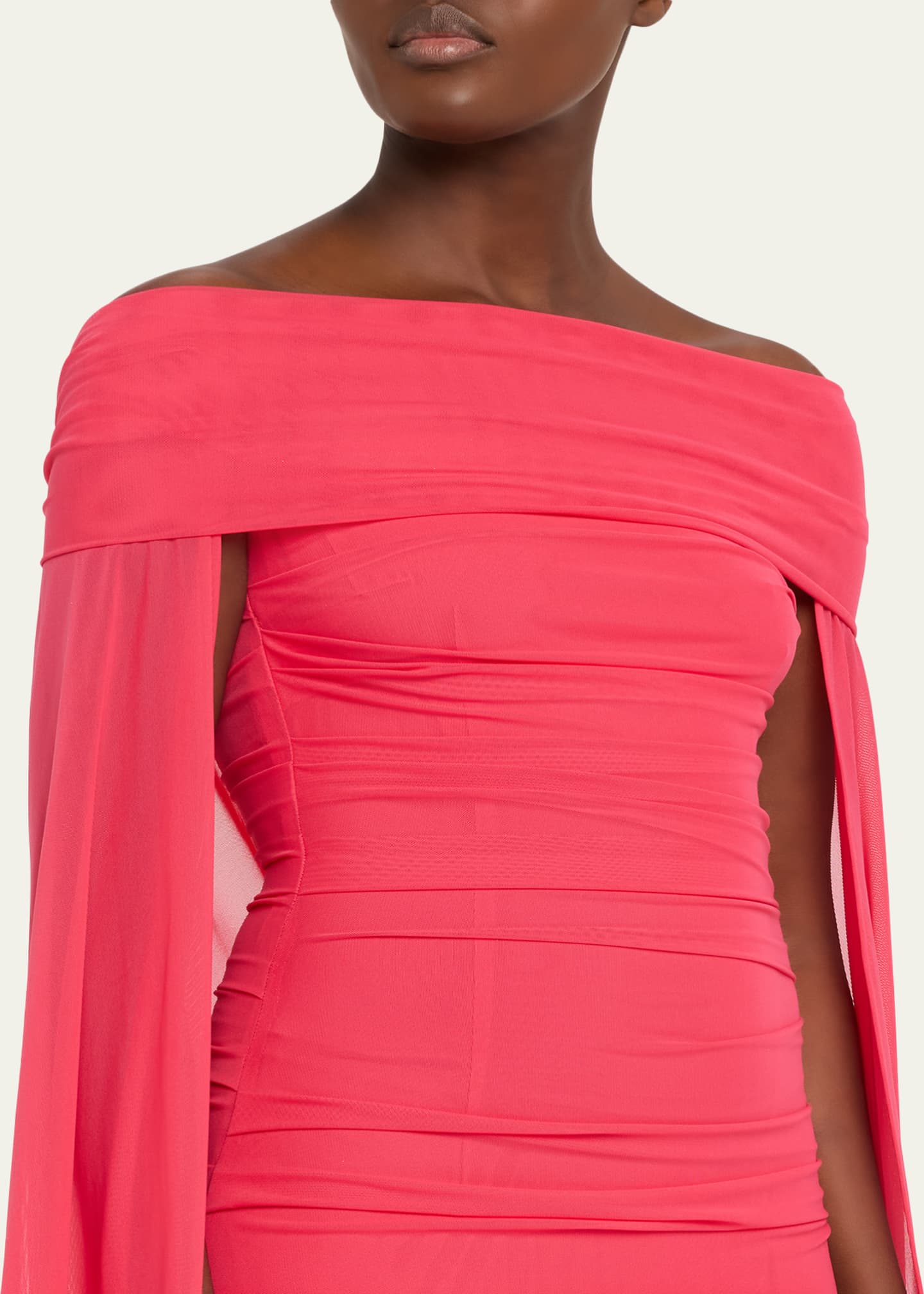 Talbot Runhof Ruched Off-The-Shoulder Mesh Cape Gown - Bergdorf Goodman