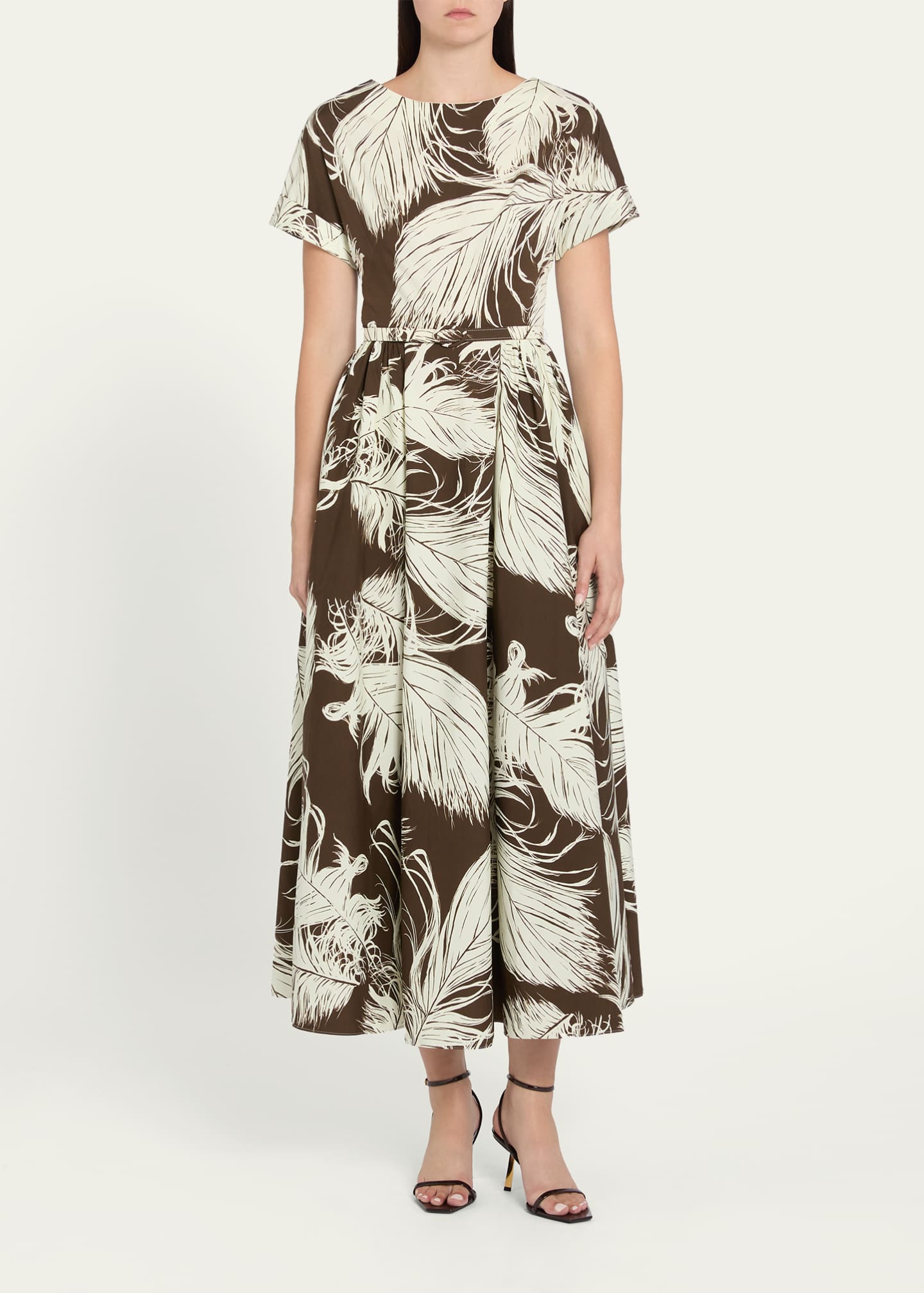 Oscar de la Renta Feather-Print Short-Sleeve Belted Fit-&-Flare Ankle ...