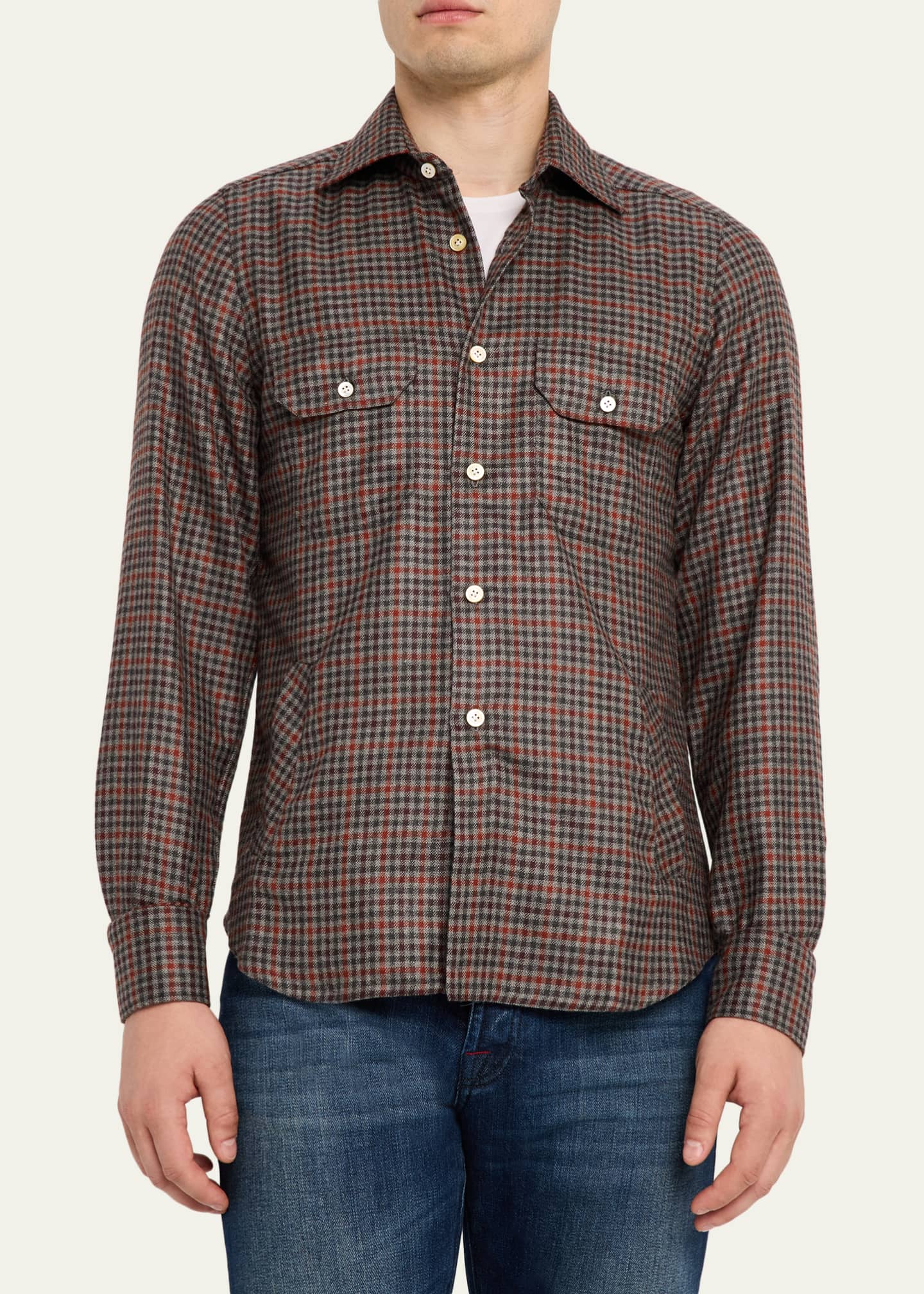 Kiton Men's Cotton Check Double-Pocket Button-Down Shirt - Bergdorf Goodman