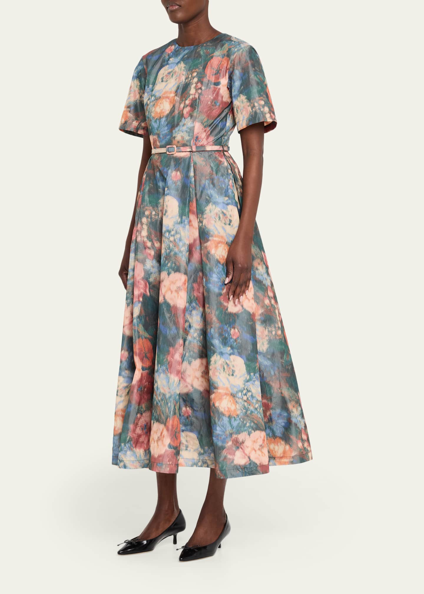 Prabal Gurung Short-Sleeve Floral Taffeta Belted Midi Cocktail Dress ...