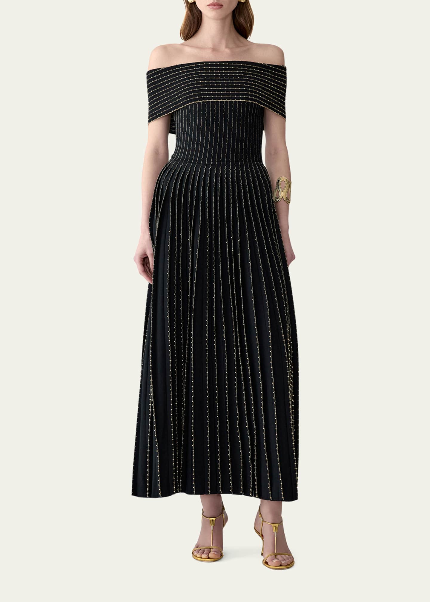 Carolina Herrera Beaded Off-The-Shoulder Pleated Knit Maxi Dress ...