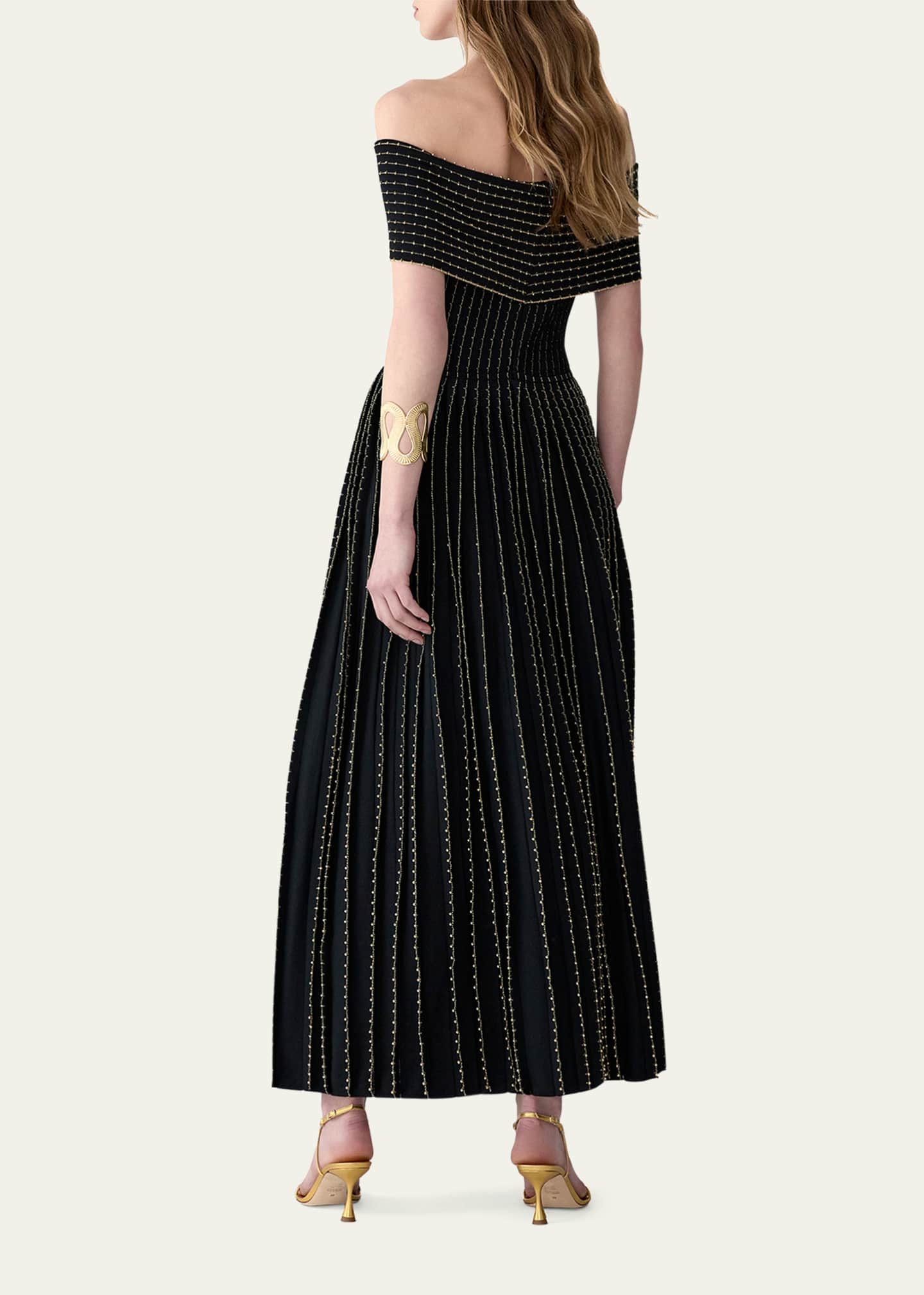 Carolina Herrera Beaded Off-The-Shoulder Pleated Knit Maxi Dress ...