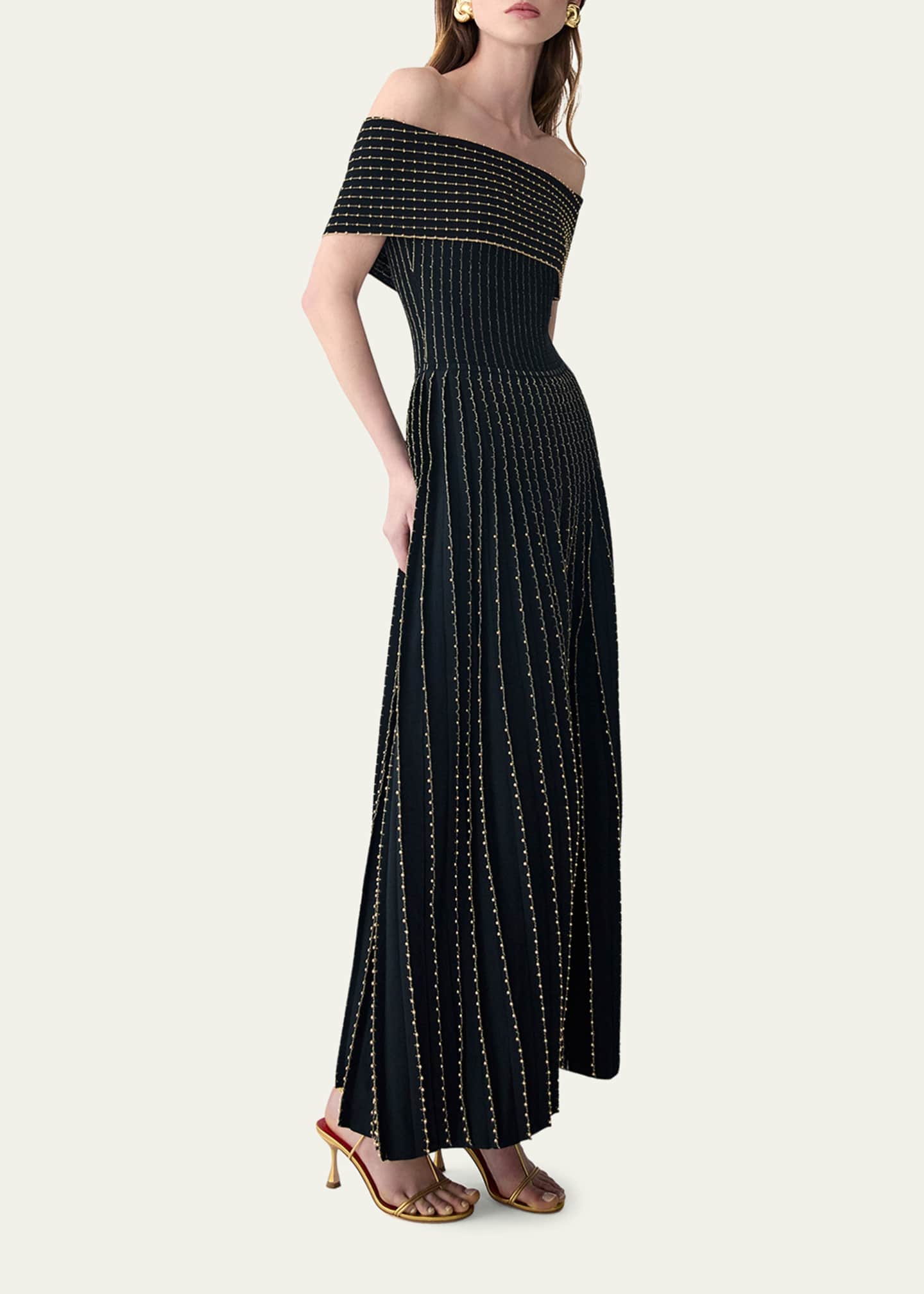 Carolina Herrera Beaded Off-The-Shoulder Pleated Knit Maxi Dress ...
