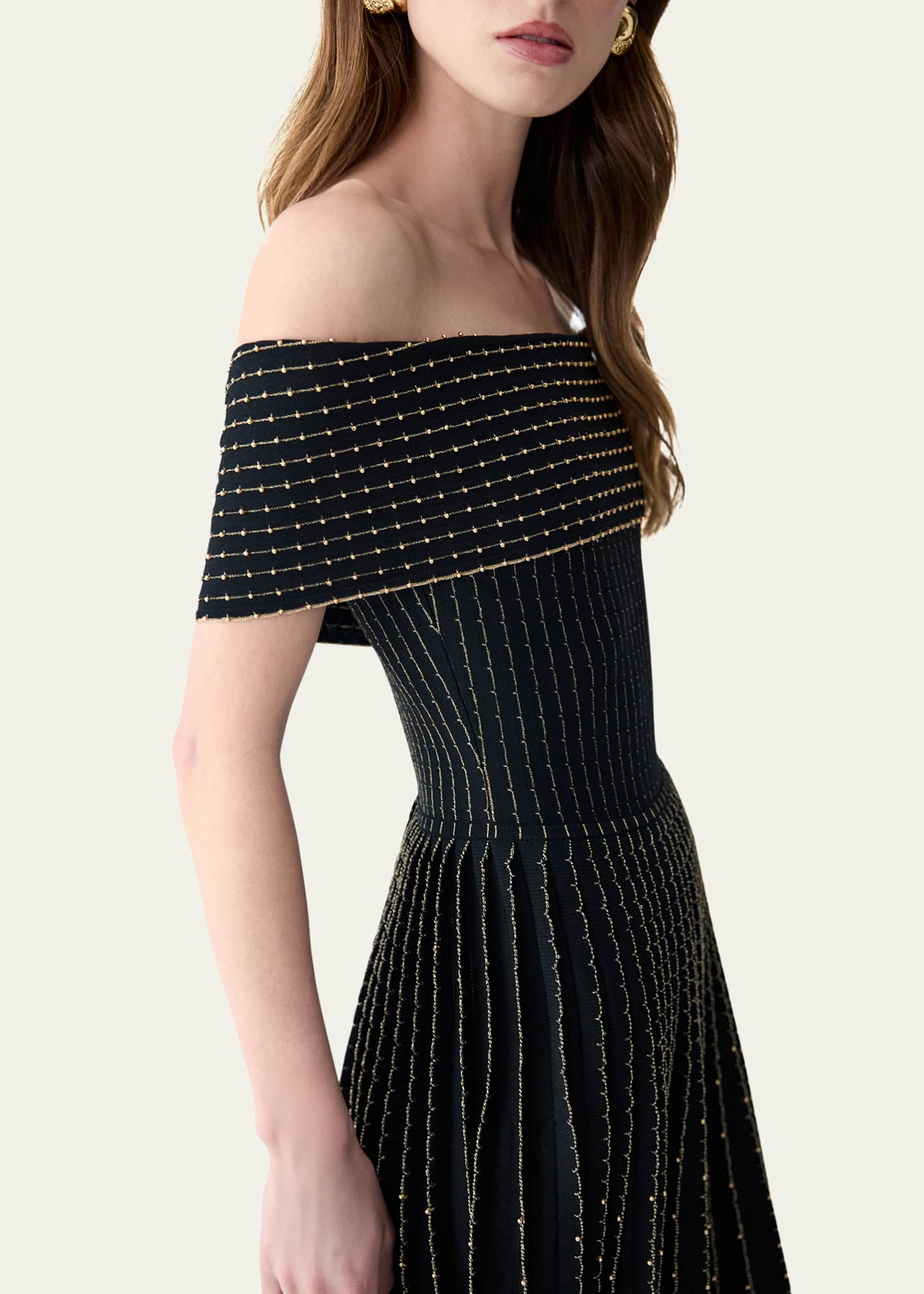 Carolina Herrera Beaded Off-The-Shoulder Pleated Knit Maxi Dress ...