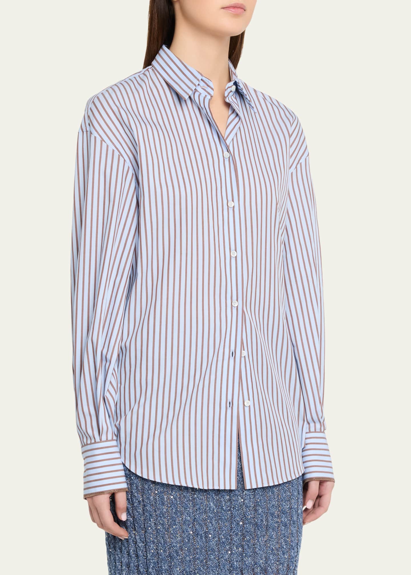 Brunello Cucinelli Monili-Trim Striped Cotton Poplin Button-Down Shirt ...
