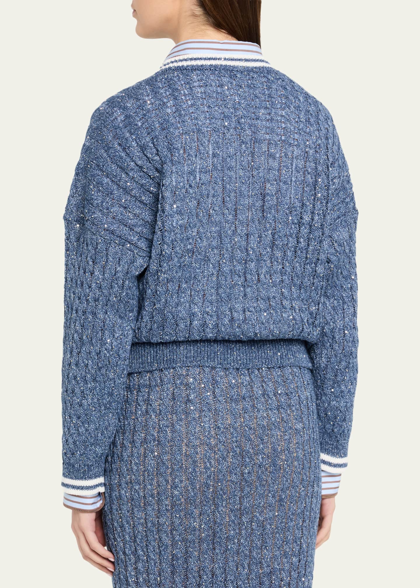Brunello Cucinelli Linen Dazzling Cable Openwork Knit Crewneck Sweater ...