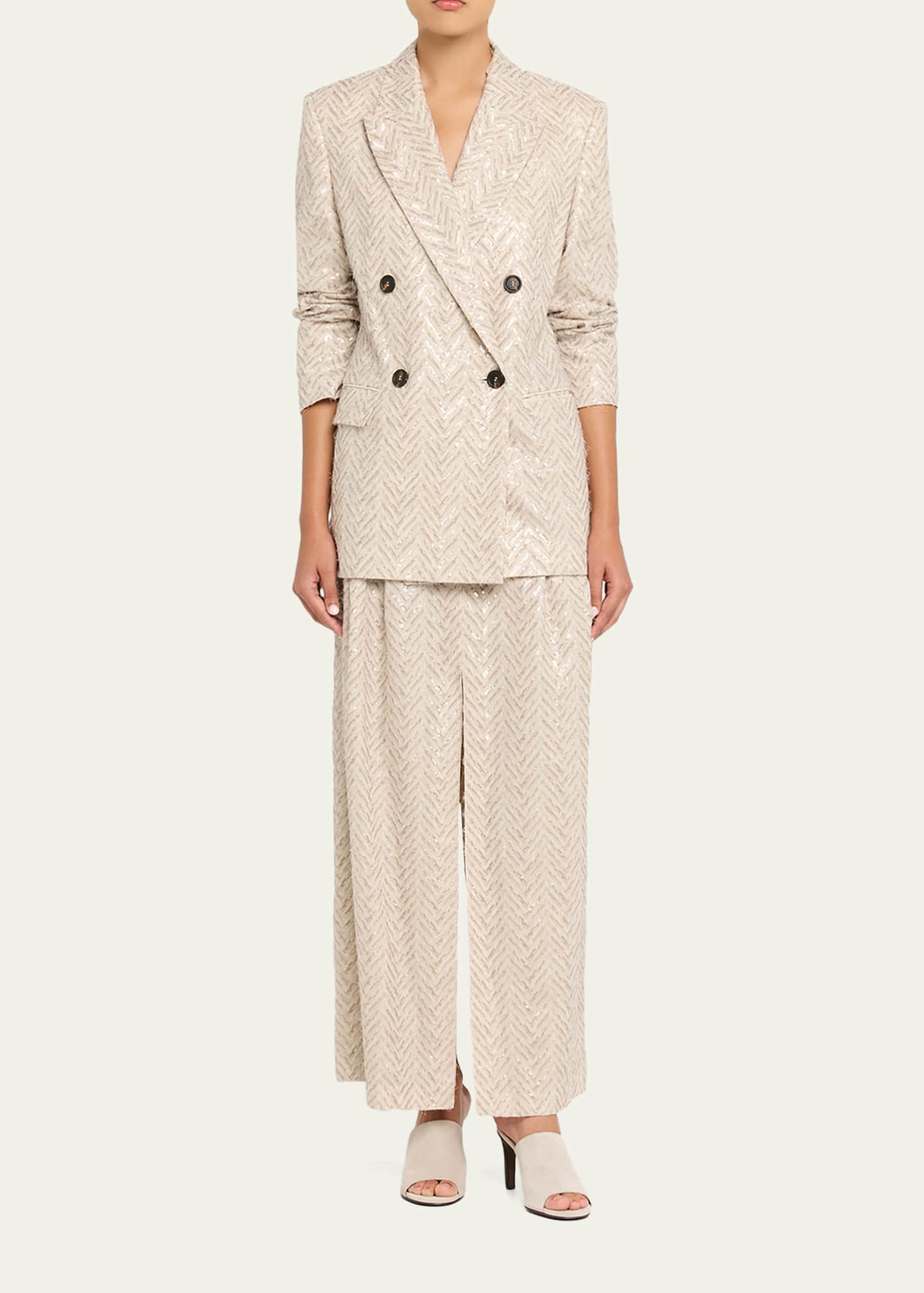 Brunello Cucinelli Dazzling Chevron Linen Double-Breasted Blazer Jacket ...