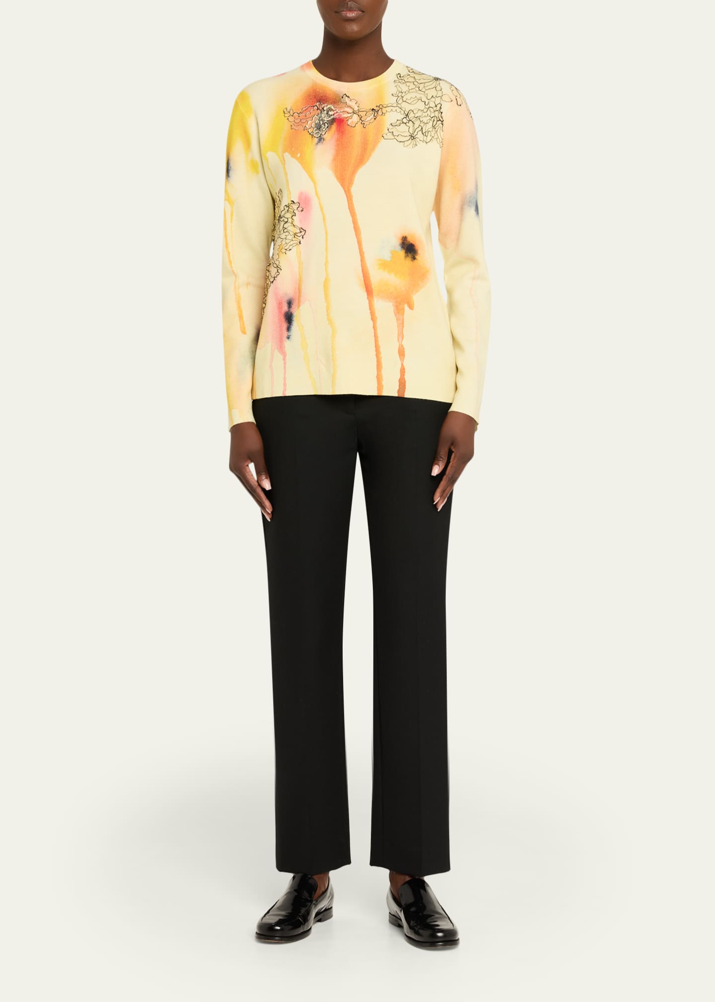 Jason Wu Collection Lace-Trim Watercolor Floral Print Crewneck Sweater ...