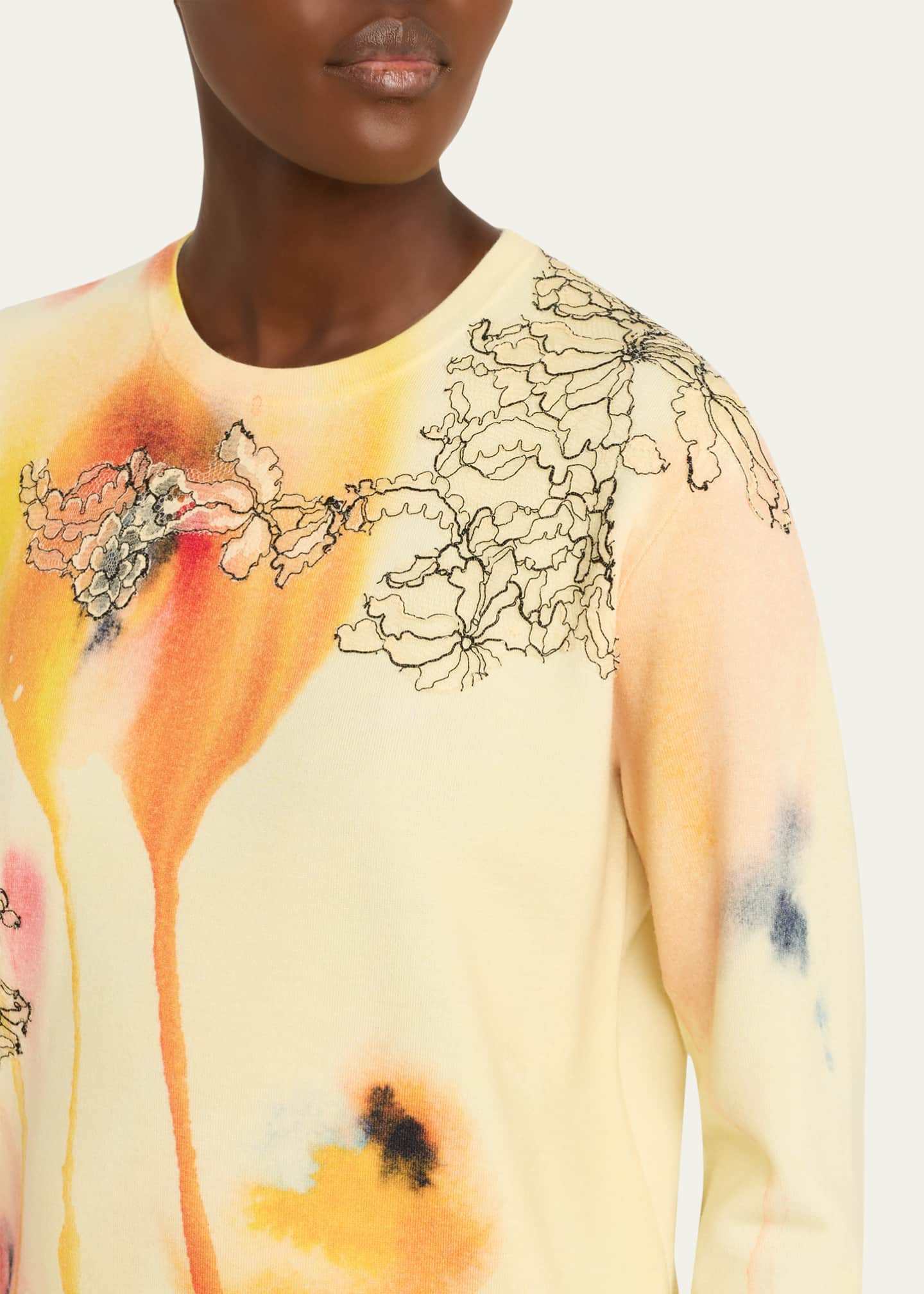 Jason Wu Collection Lace-Trim Watercolor Floral Print Crewneck Sweater ...