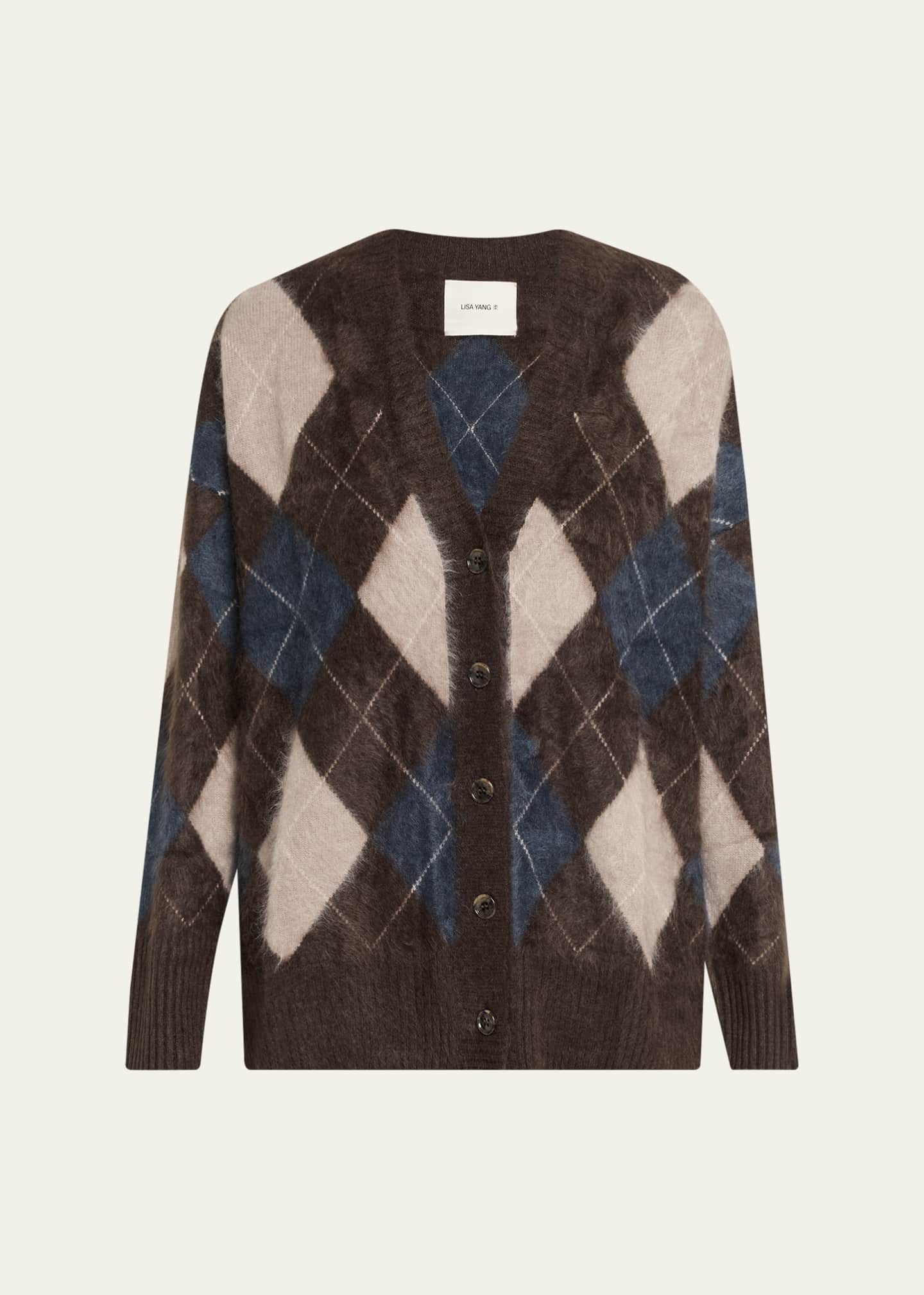 Lisa Yang Elaria Argyle Fuzzy Cashmere V-Neck Cardigan - Bergdorf Goodman