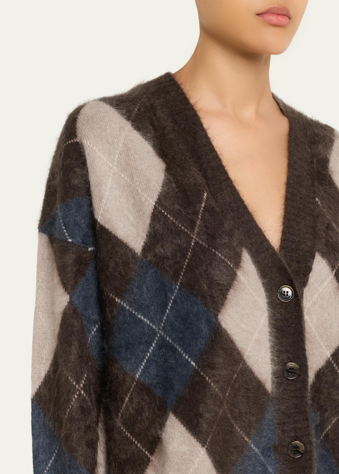 Lisa Yang Elaria Argyle Fuzzy Cashmere V-Neck Cardigan - Bergdorf Goodman