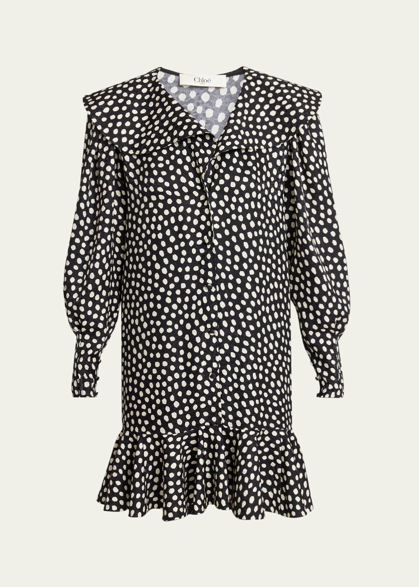 Chloe Dots-Print Silk Jacquard Capelet Long-Sleeve Mini Dress ...