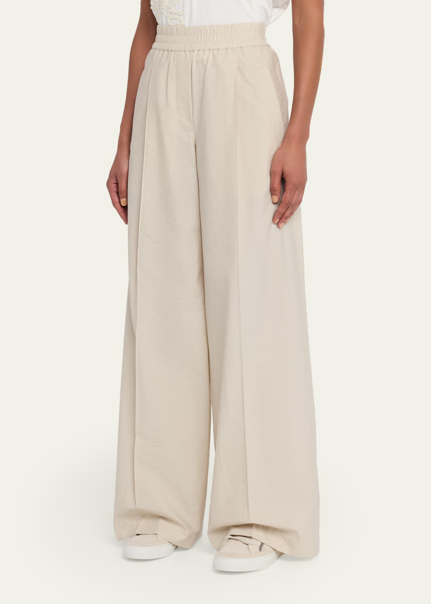 Brunello Cucinelli Techno Cotton Pleat Wide-Leg Pull-On Track Pants ...