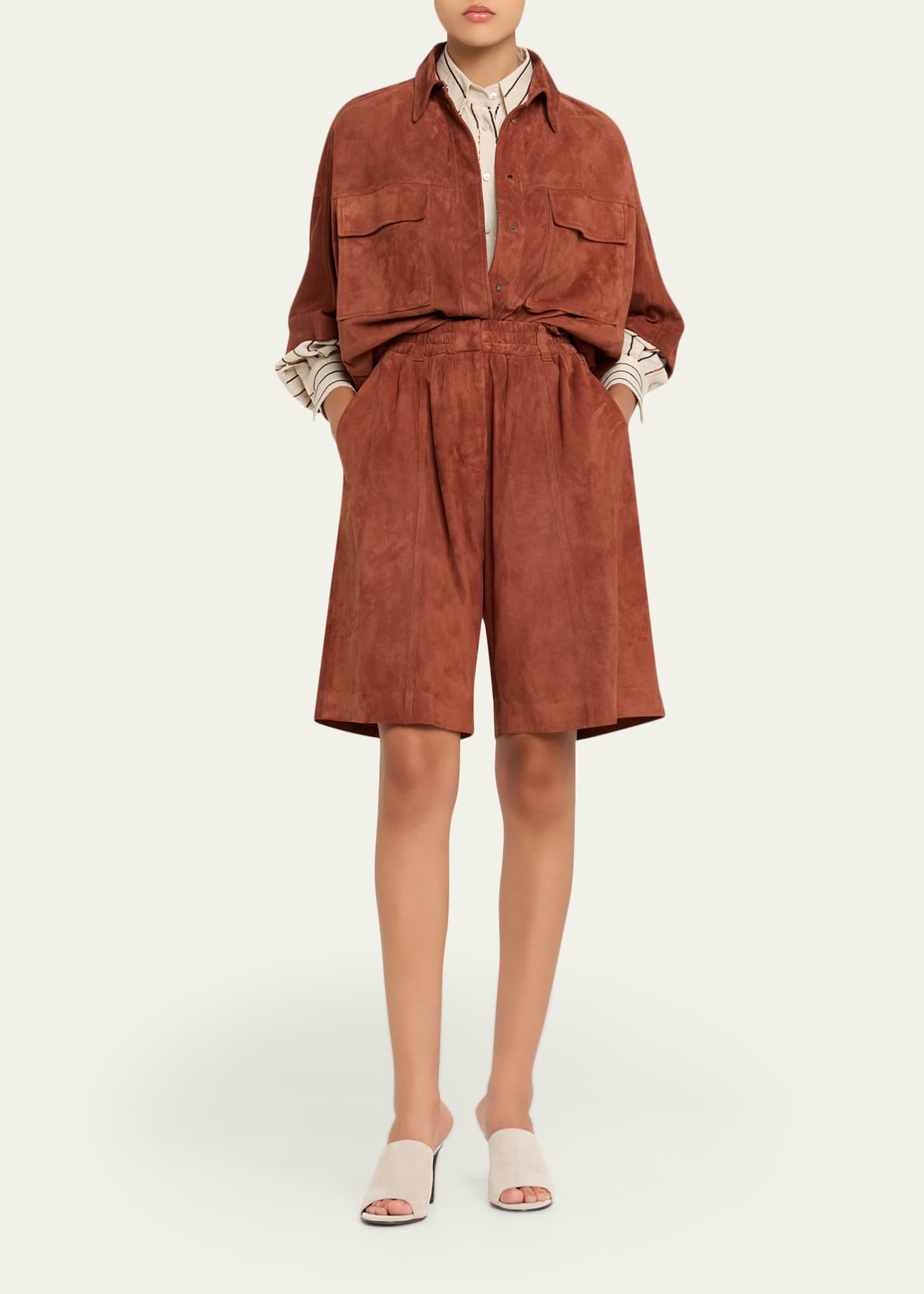 Brunello Cucinelli Suede Short-Sleeve Oversized Utility Shirt ...