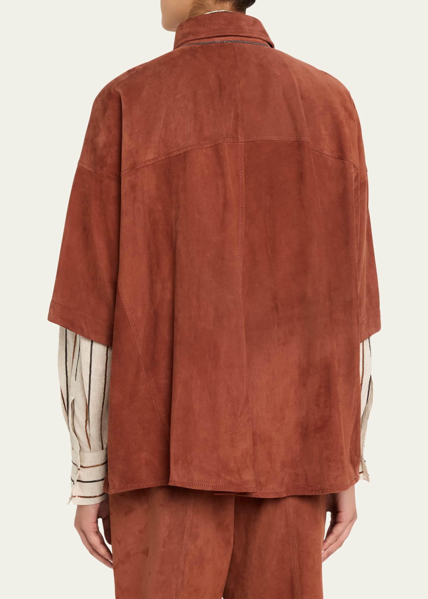 Brunello Cucinelli Suede Short-Sleeve Oversized Utility Shirt ...