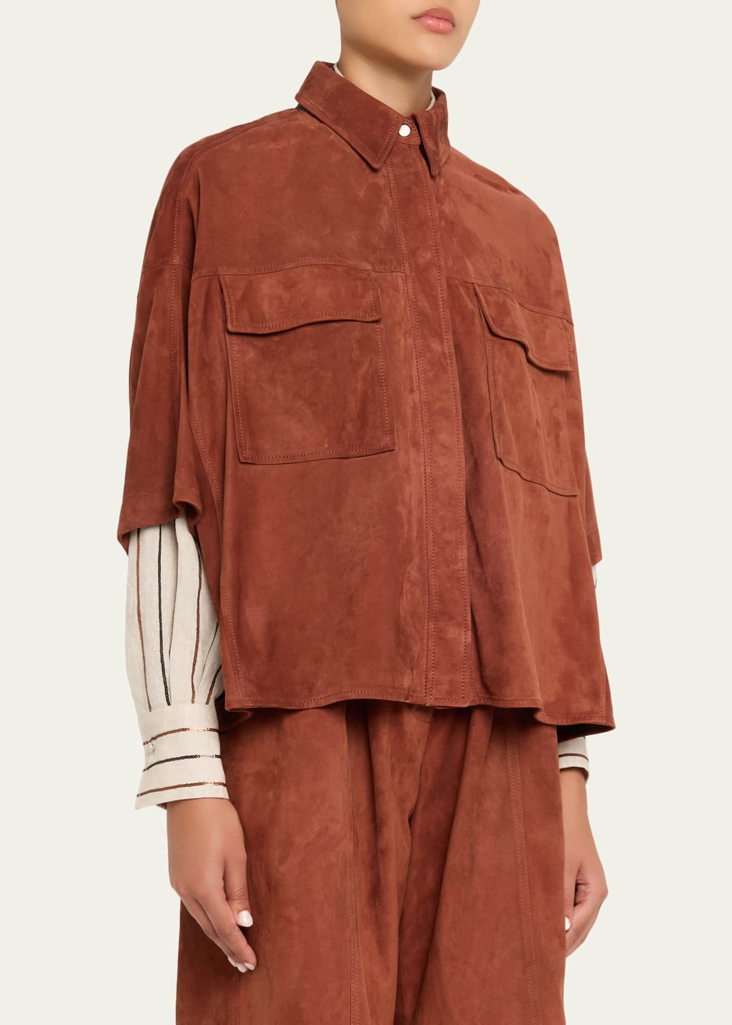 Brunello Cucinelli Suede Short-Sleeve Oversized Utility Shirt ...