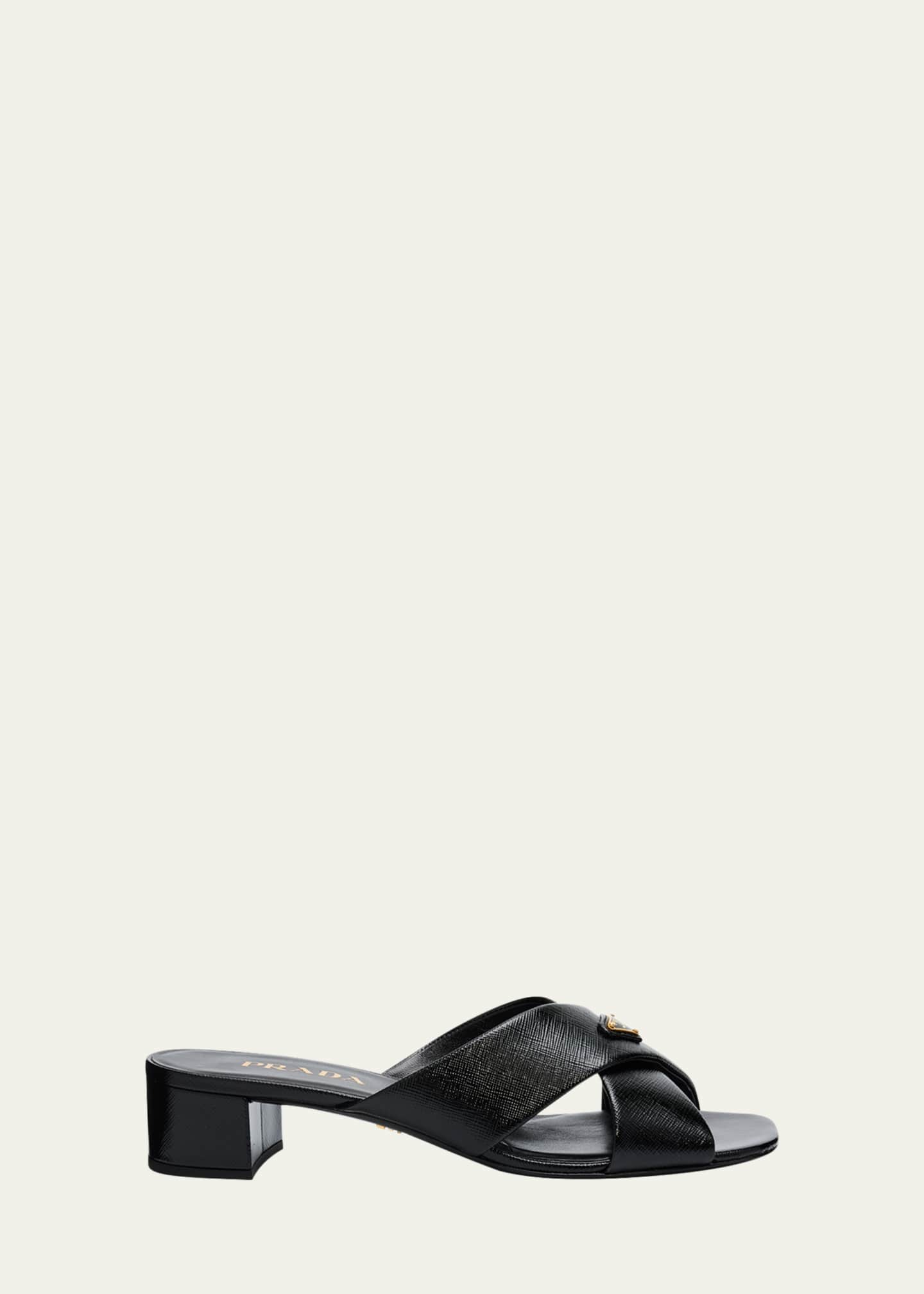 Prada 35mm Triangle Logo Metallic Leather Mule Sandals - Bergdorf Goodman