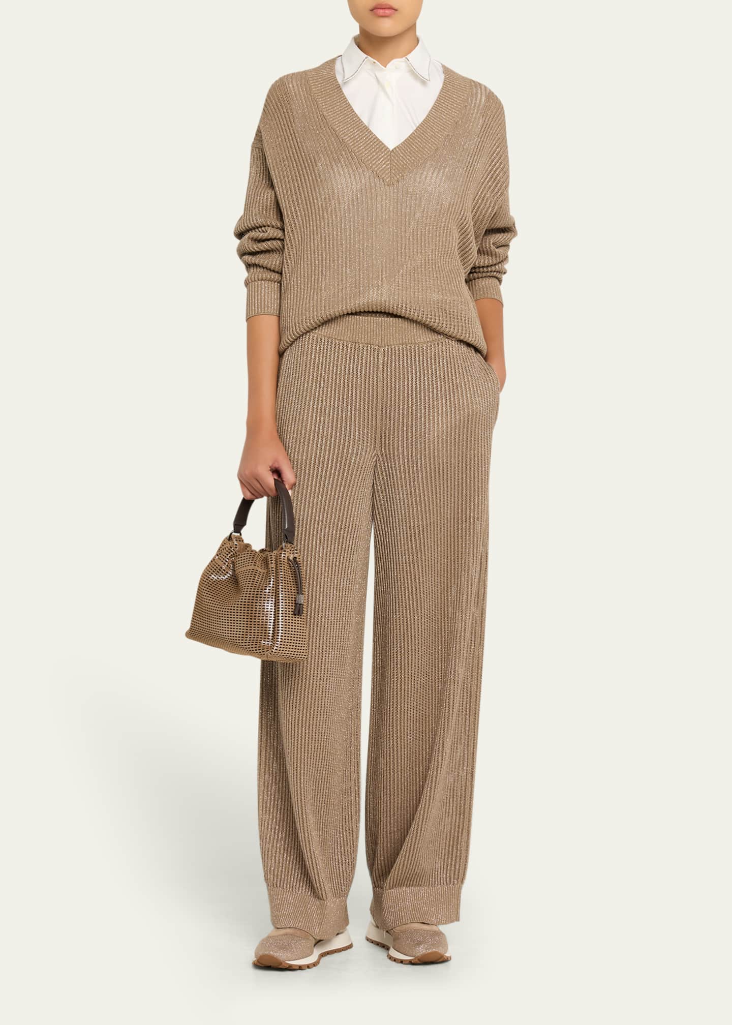 Brunello Cucinelli Metallic Open Rib V-Neck Sweater - Bergdorf Goodman