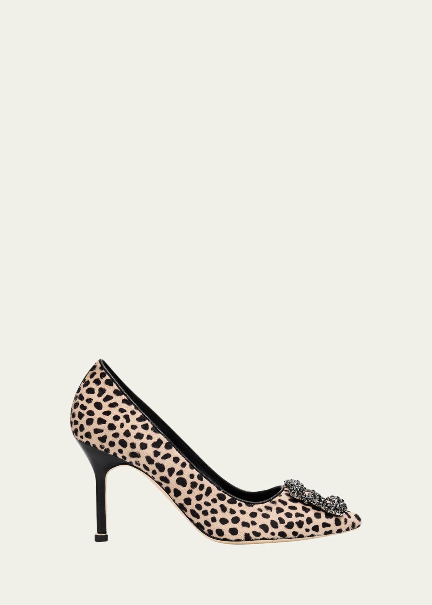 Manolo Blahnik 90mm Hangisi Calf Hair Pumps with Crystal Buckle ...