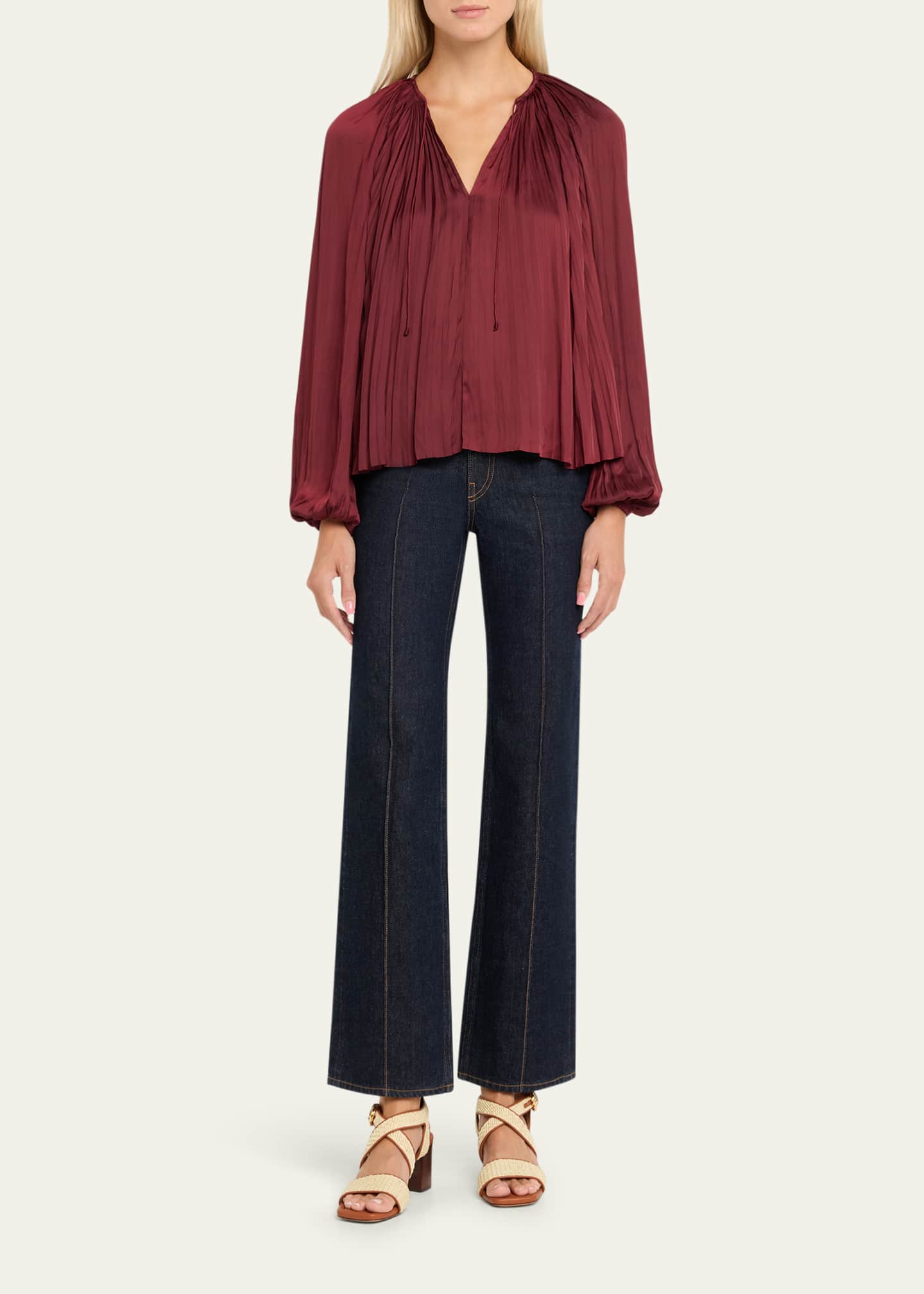 Ulla Johnson Electra Pleated Satin Peasant Blouse - Bergdorf Goodman