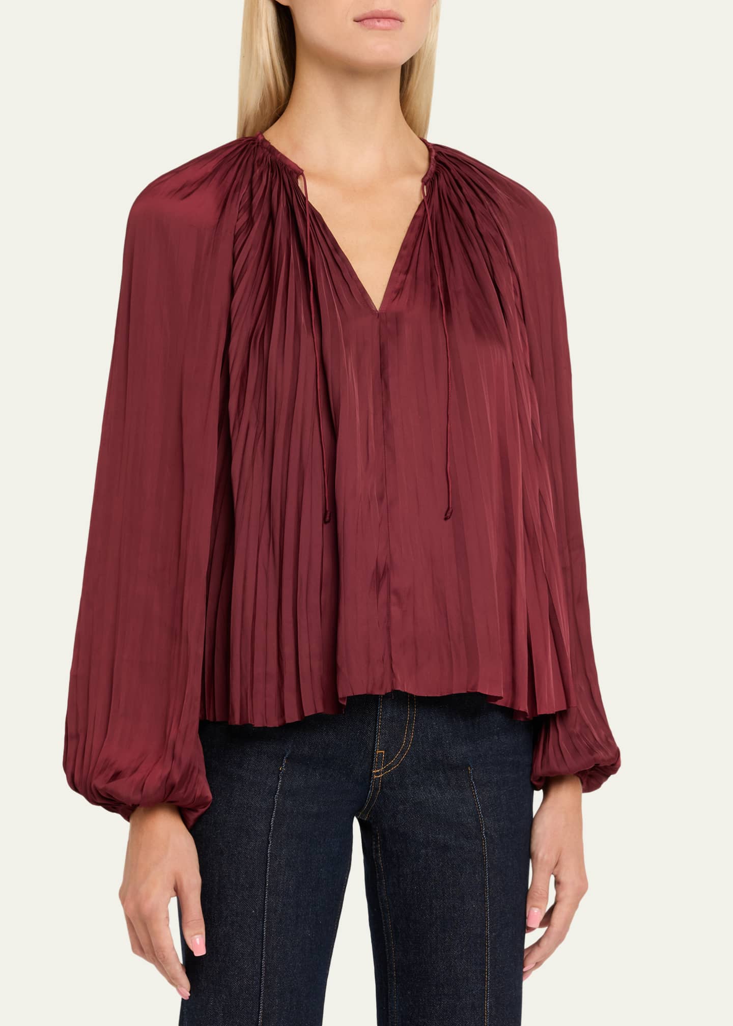 Ulla Johnson Electra Pleated Satin Peasant Blouse - Bergdorf Goodman
